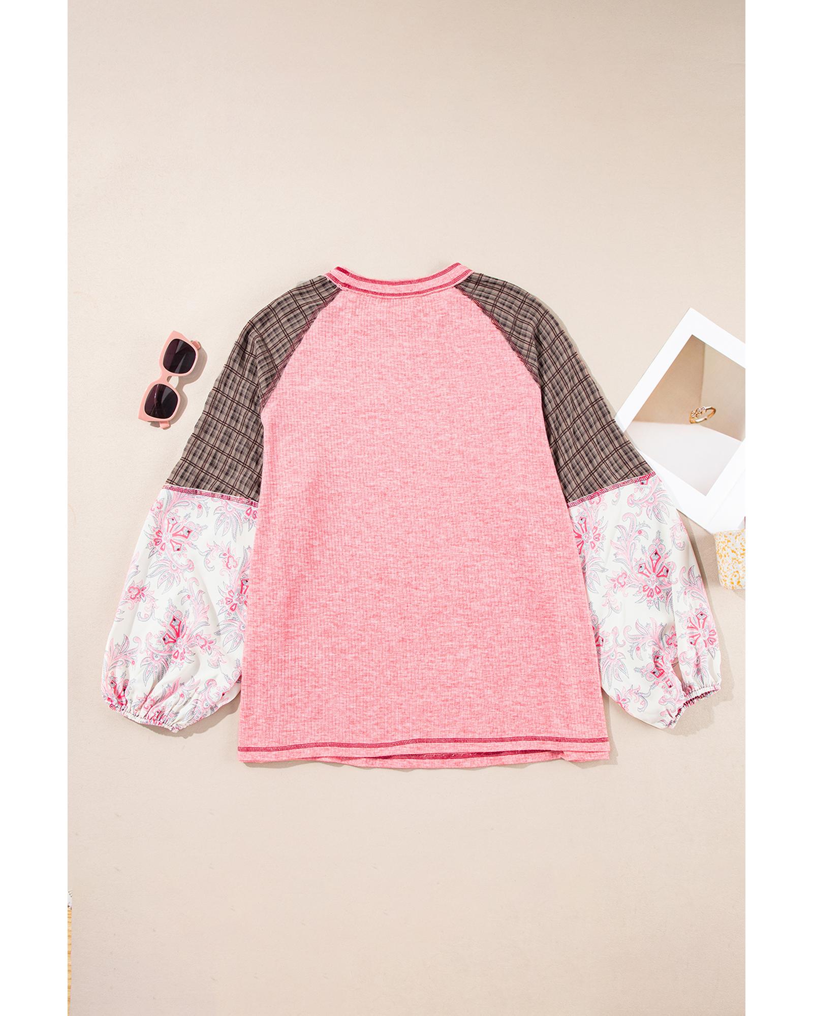 Azura Exchange Pink Checkered Paisley Patchwork Raglan Sleeve Seamed ...