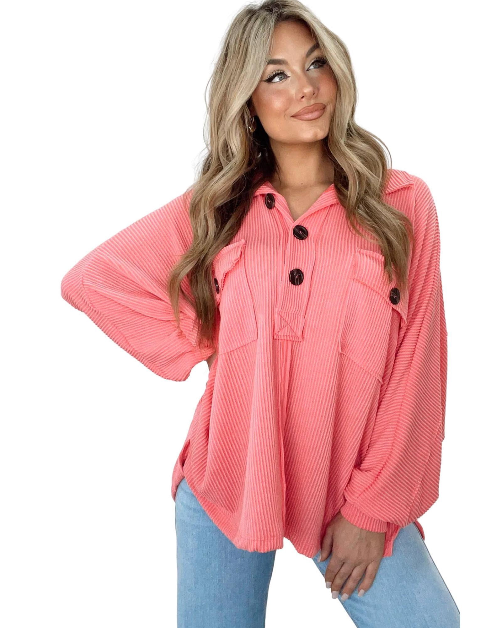 Azura Exchange Pink Corded Flap Pocket Henley Top Unisex - Walmart.com