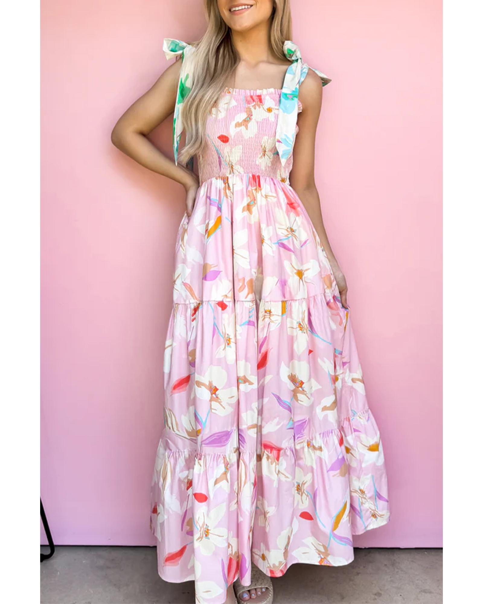 Azura Exchange Pink Floral Print Knotted Shoulder Smocked Maxi Dress Women - Walmart.com