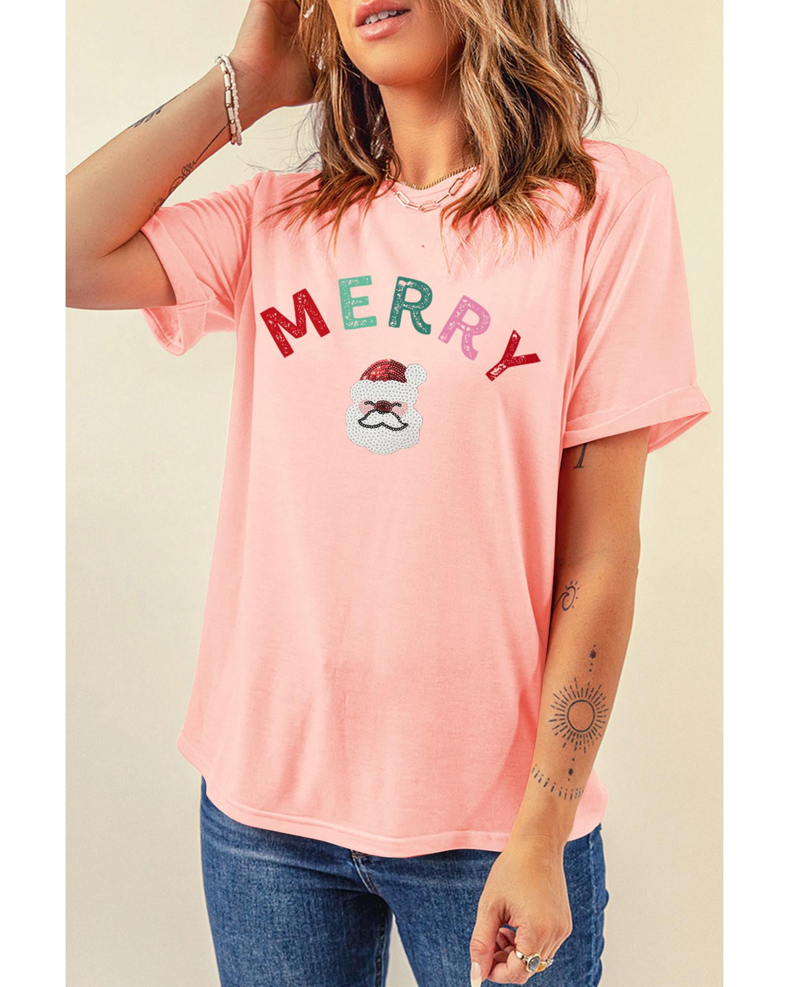 Azura Exchange Pink Sequin MERRY Santa Clause Graphic T Shirt Women T ...