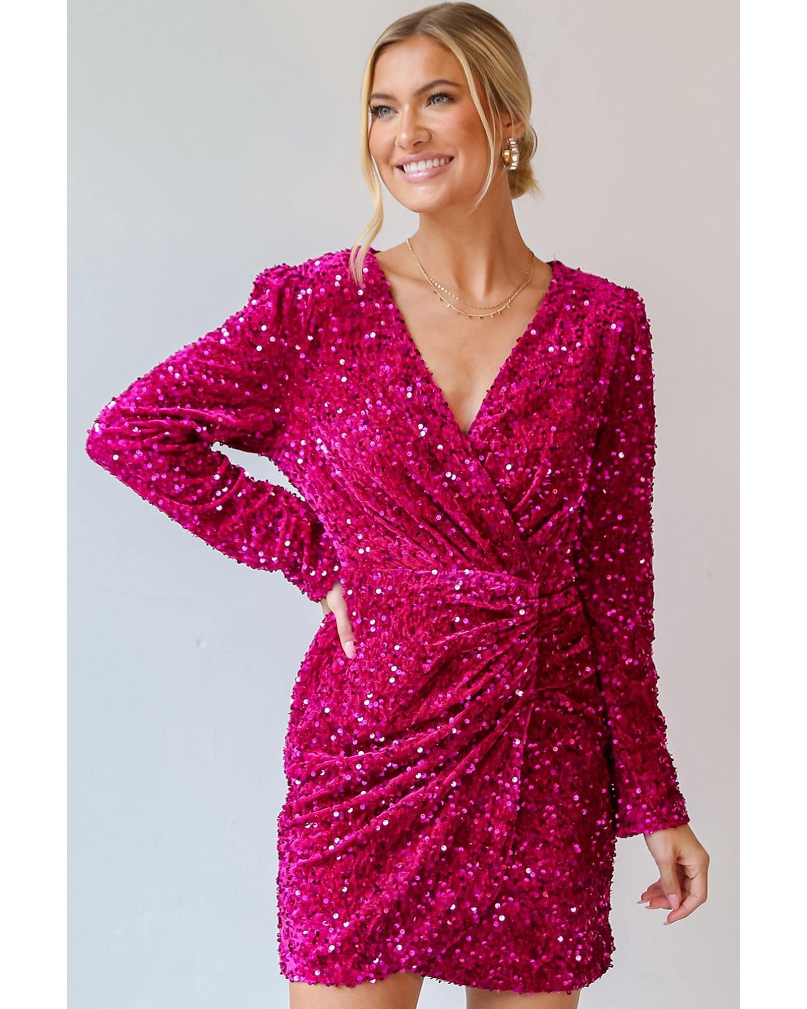 Azura Exchange Pitaya Pink Velvet Sequin Long Sleeve V Neck Wrapped ...