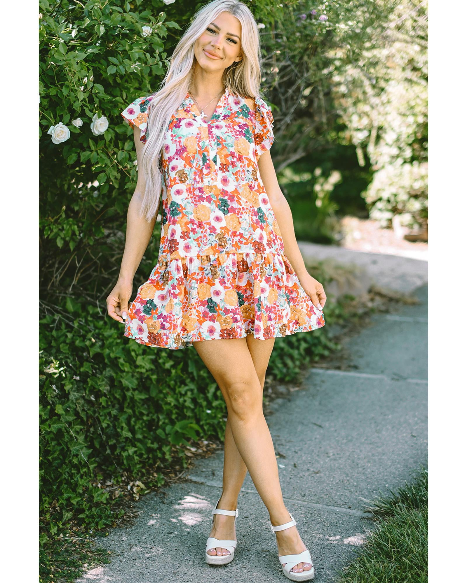 Azura Exchange Purple Floral Print Split Neck Flutter Sleeve Dress ...