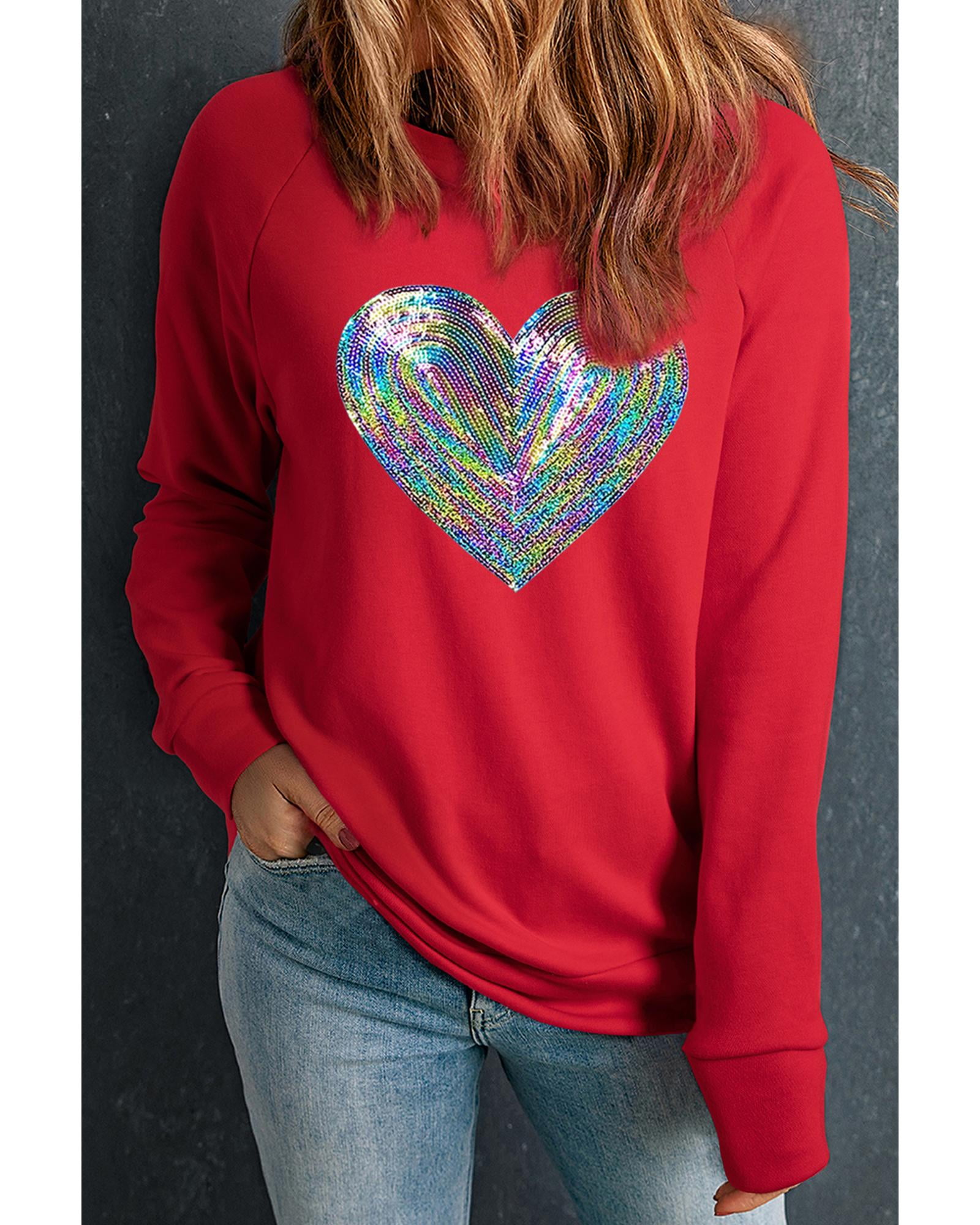 Azura Exchange Red Bold Sequin Heart Crewneck Valentines Pullover ...
