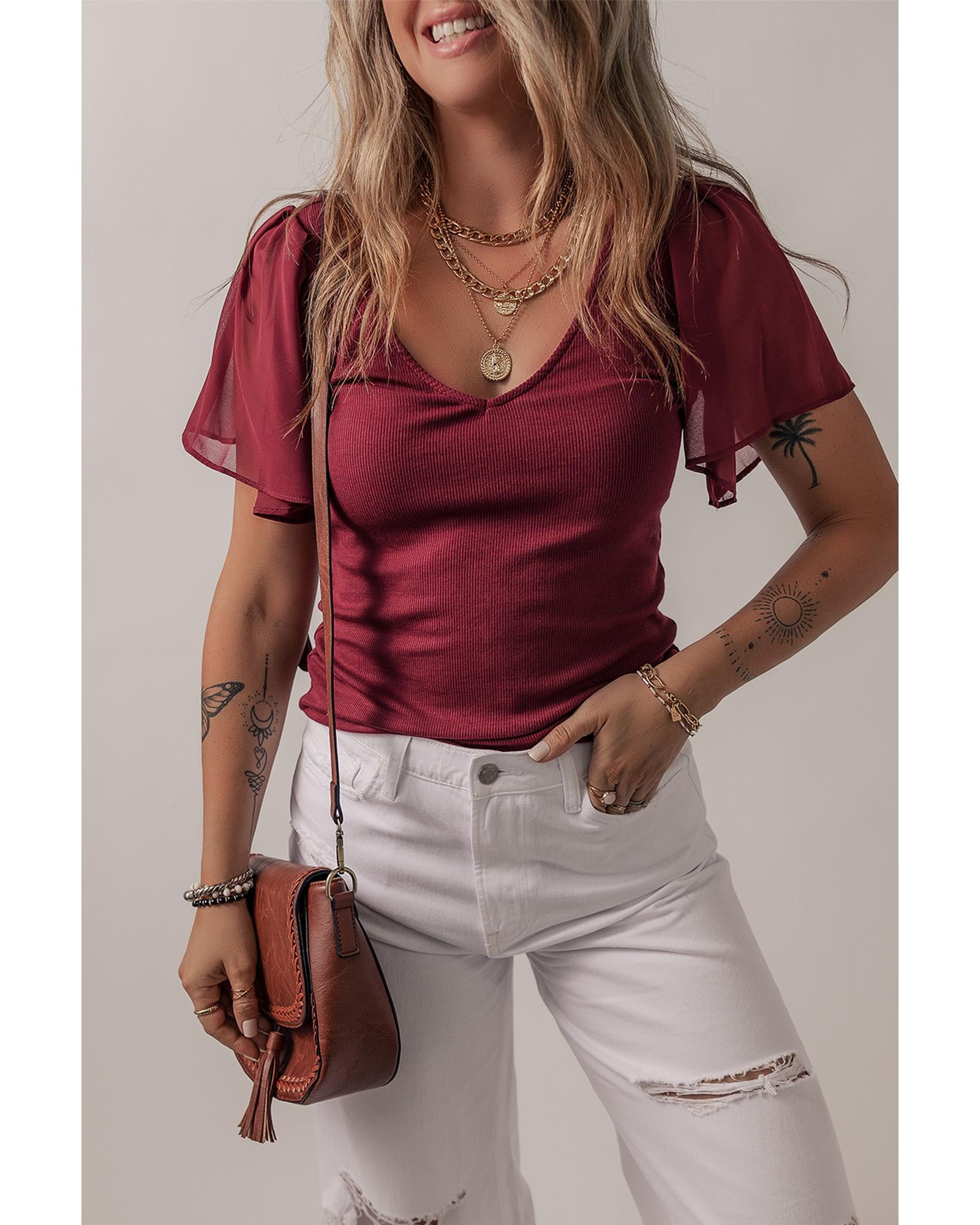 Azura Exchange Red Dahlia Mesh Ruffled Sleeve Slim Fit V Neck Top Women ...