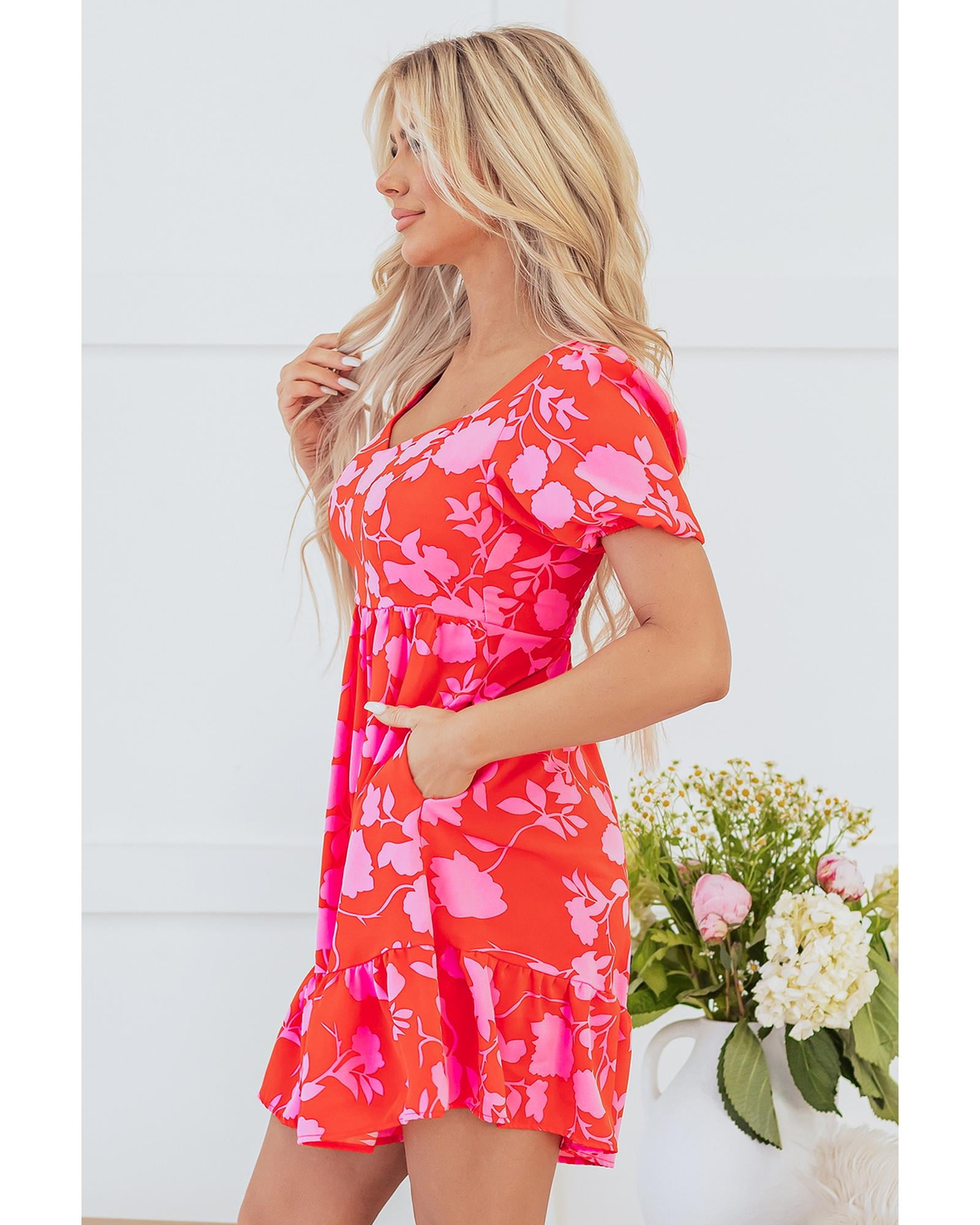 Azura Exchange Red Floral Bubble Sleeve Sweetheart Neck Ruffled Mini ...