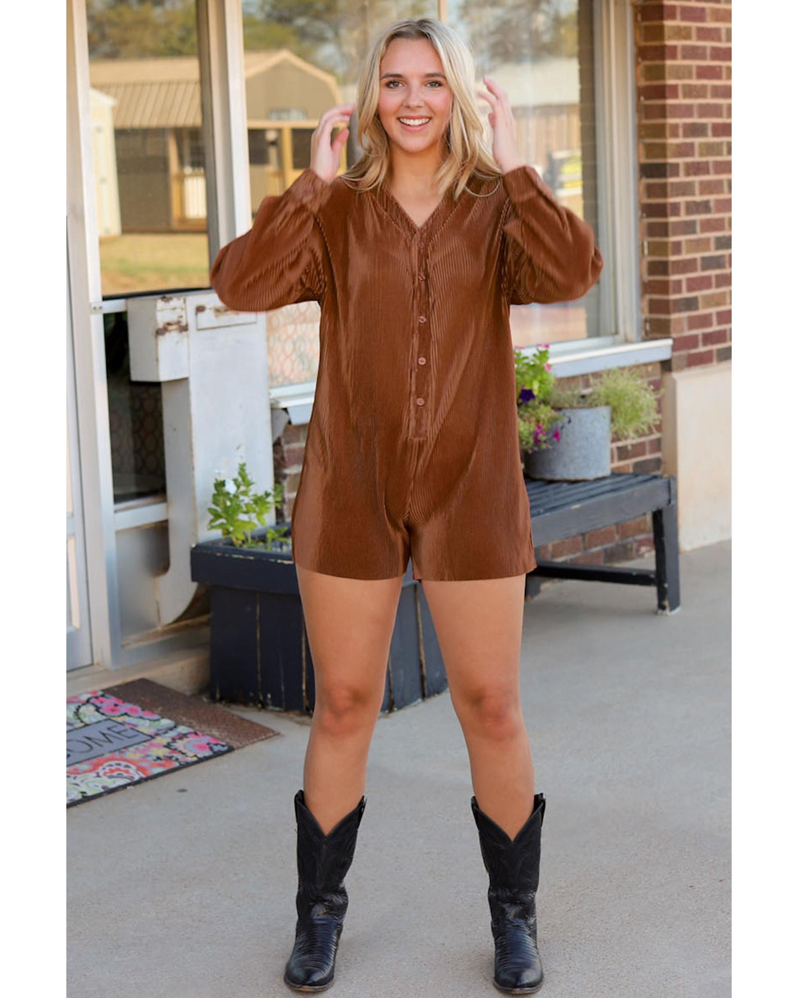 Azura Exchange Ribbed Long Sleeve Button Front Romper Women Orange ...