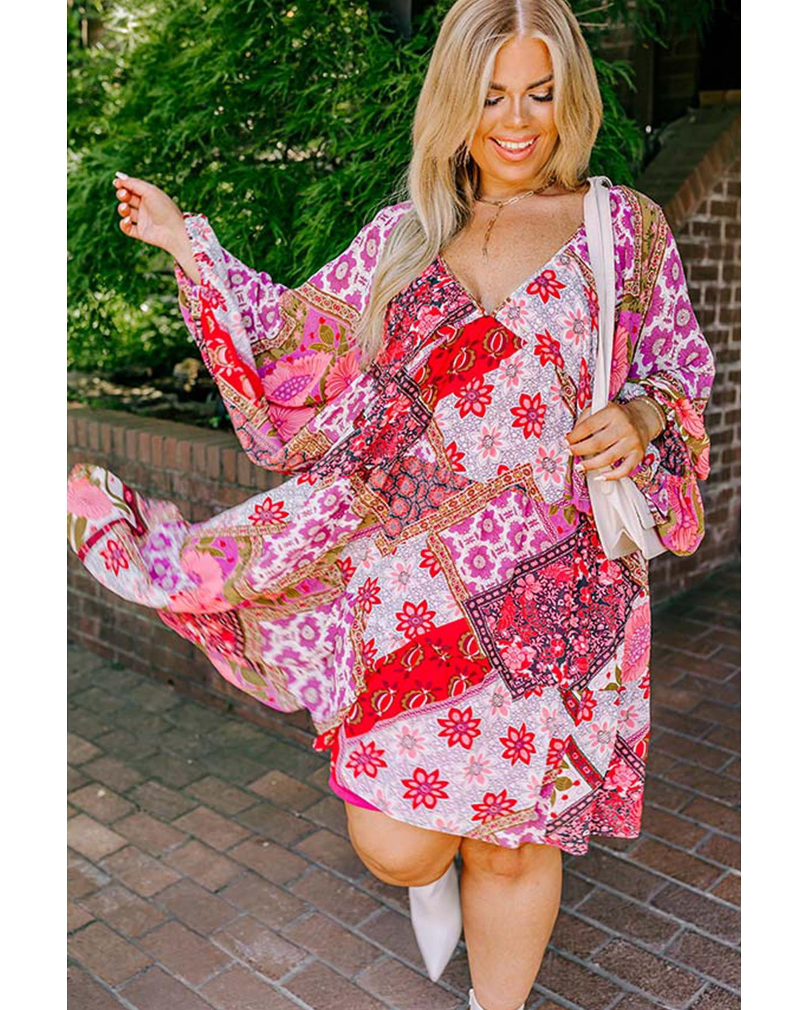 Azura Exchange Rose Mixed Floral Long Sleeve V Neck Lace-up Hollowed ...