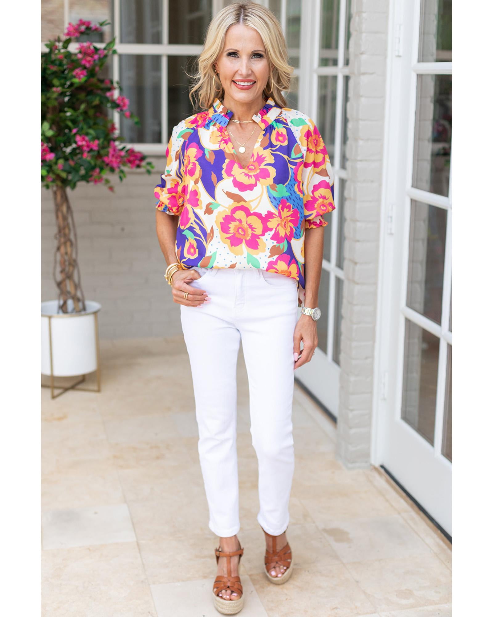 Azura Exchange Rose Red Floral Split Neck Frilled Bubble Sleeve Blouse ...