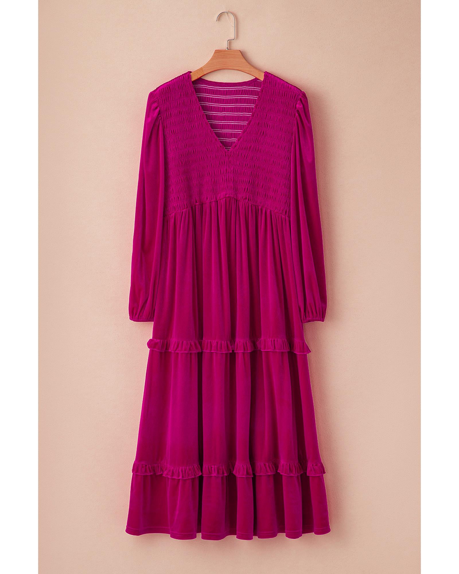 Azura Exchange Rose Red Shirred V Neck Tiered Ruffled Velvet Plus Size ...