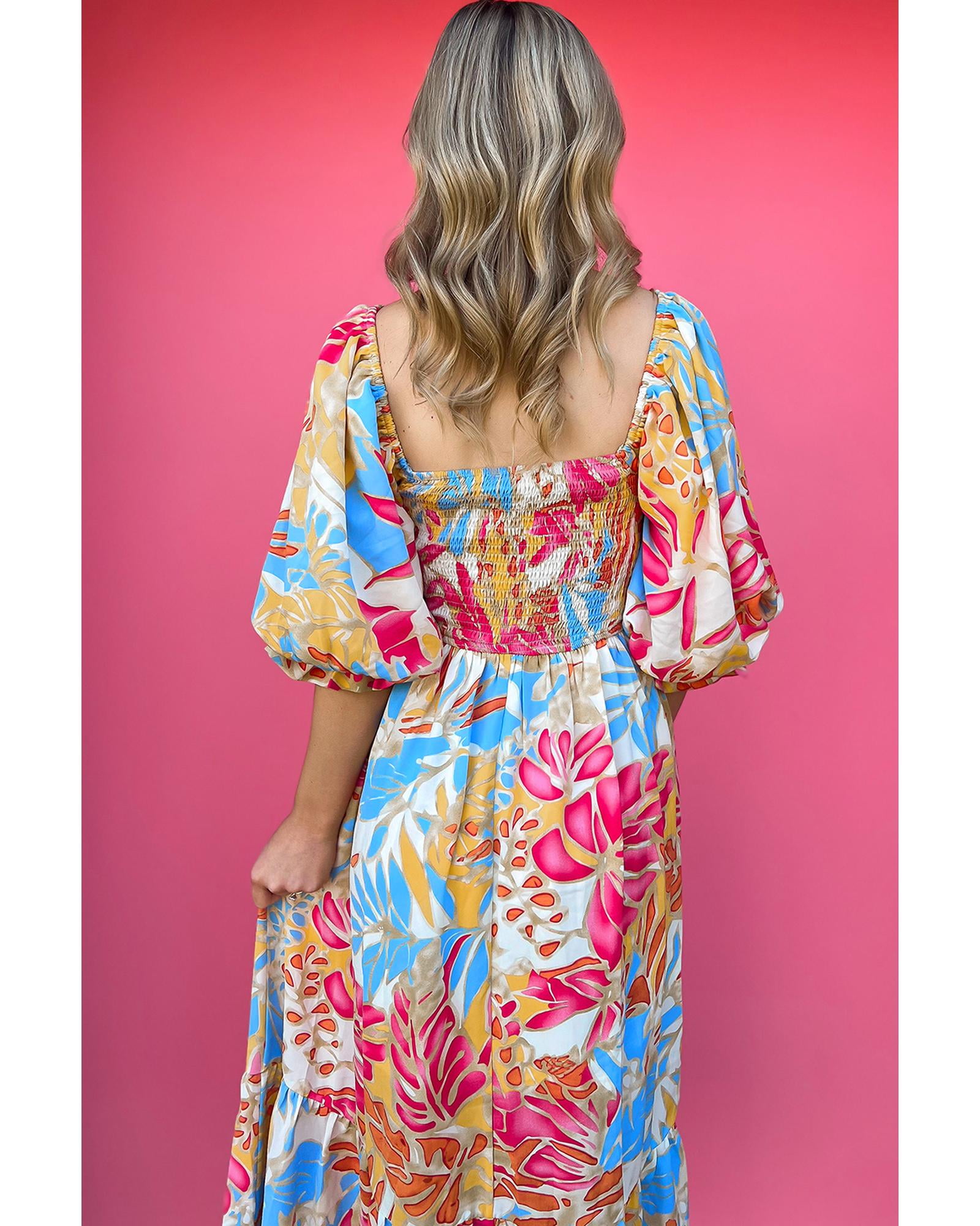 Azura Exchange Rose Red Tropical Print Smocked Bodice Puff Sleeve Maxi ...