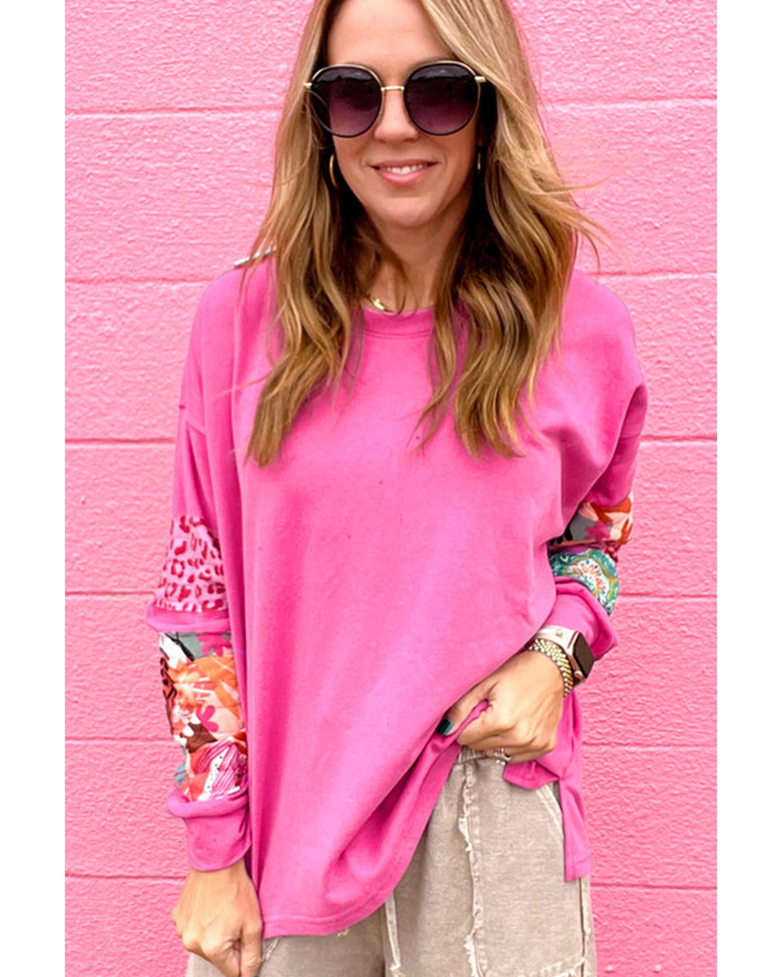 Azura Exchange Sachet Pink Mixed Print Patch Drop Shoulder Pullover Top ...