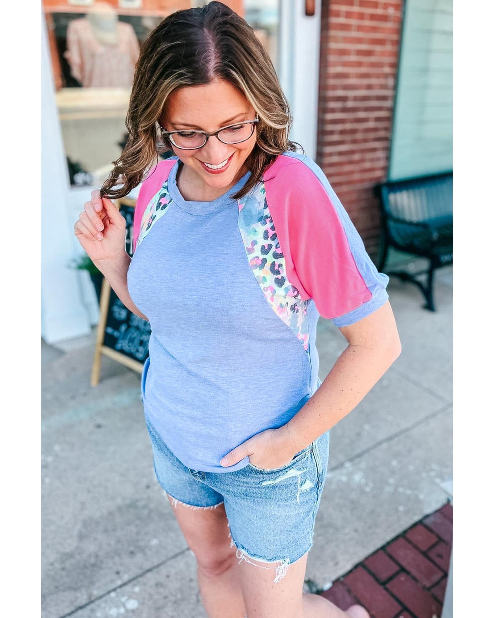 Azura Exchange Sky Blue Leopard Print Patch Colorblock Plus Size T ...
