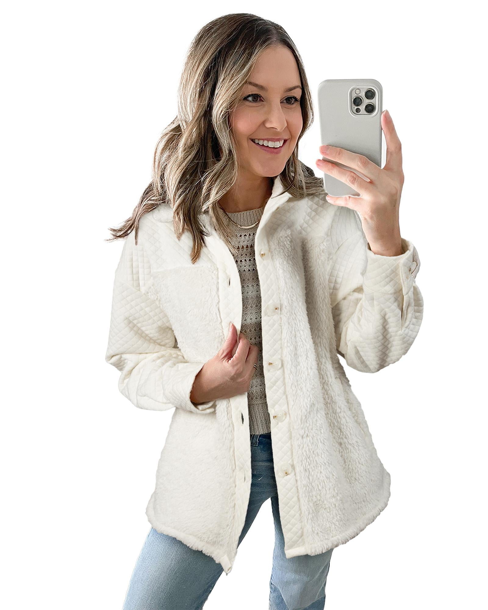 Azura Exchange White Solid Color Quilted Sherpa Patchwork Button Up ...