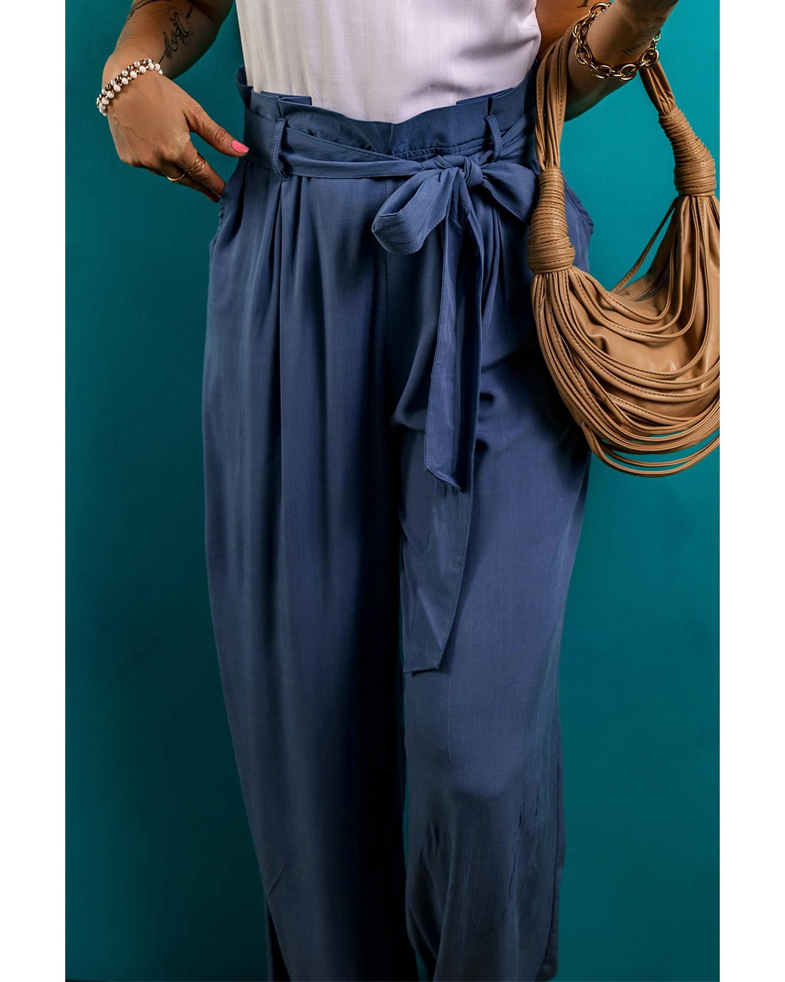 Azura Exchange Wild Wind Belted Frilly Waist Wide Leg Loose Pants Women ...