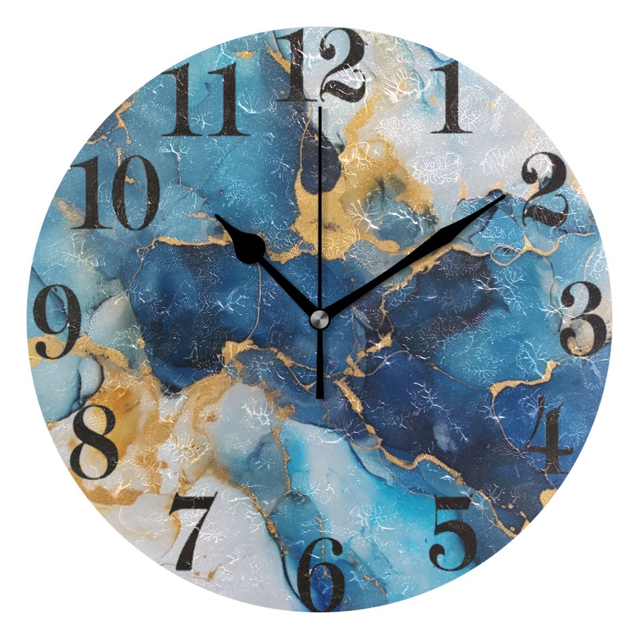 Azure Blue Gold Marble Wall Clock 9.8 inch Battery Operated Clocks Non ...