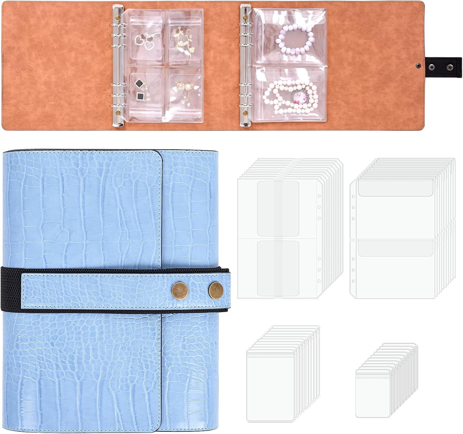 Azure PU Leather A5 Binder with Pockets, Clear Jewelry Organizer ...