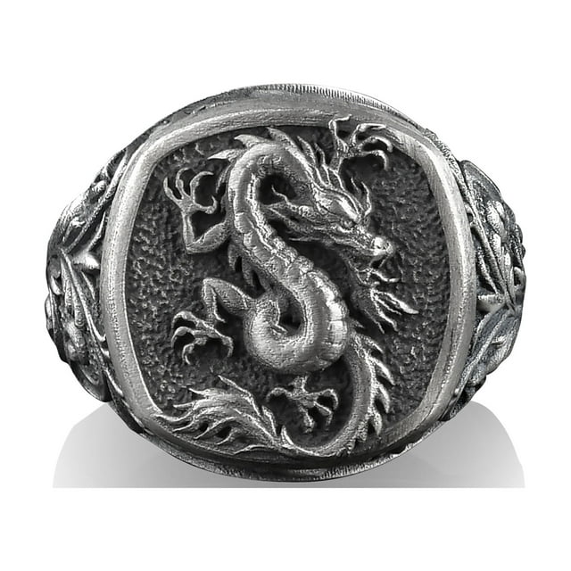 Azure Wyvern Square Signet Ring, Chinese Dragon Mythology, Sterling ...
