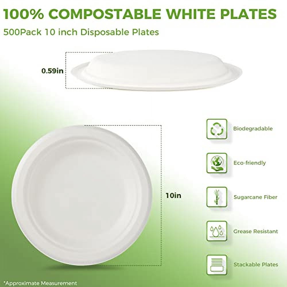 Azure Zone, 10 Inch, Compostable Disposable Plates, 500 Pack Sugarcane ...