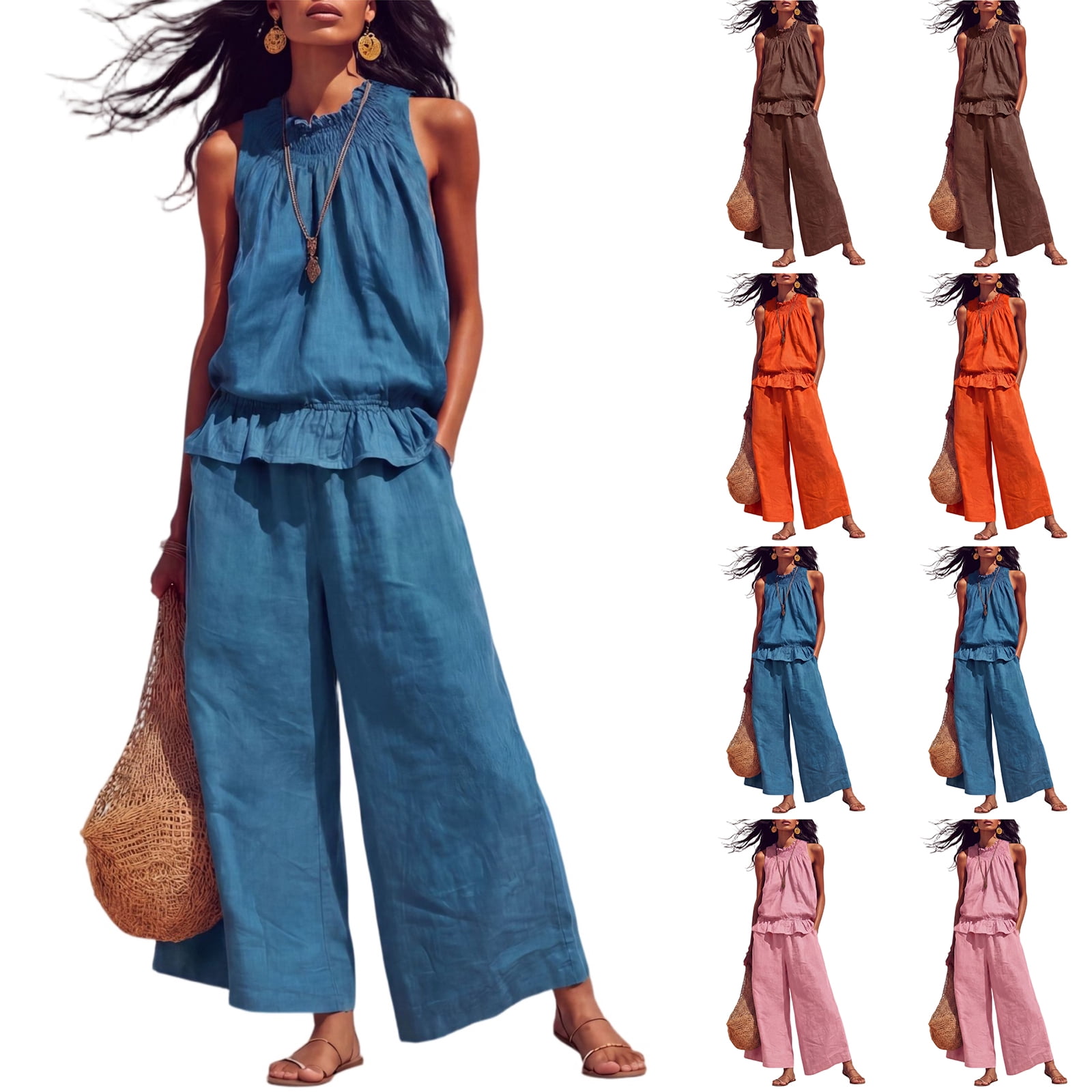 AzureSilk Summer Outfits For Women's Linen 2 Piece Outfits Sleeveless ...