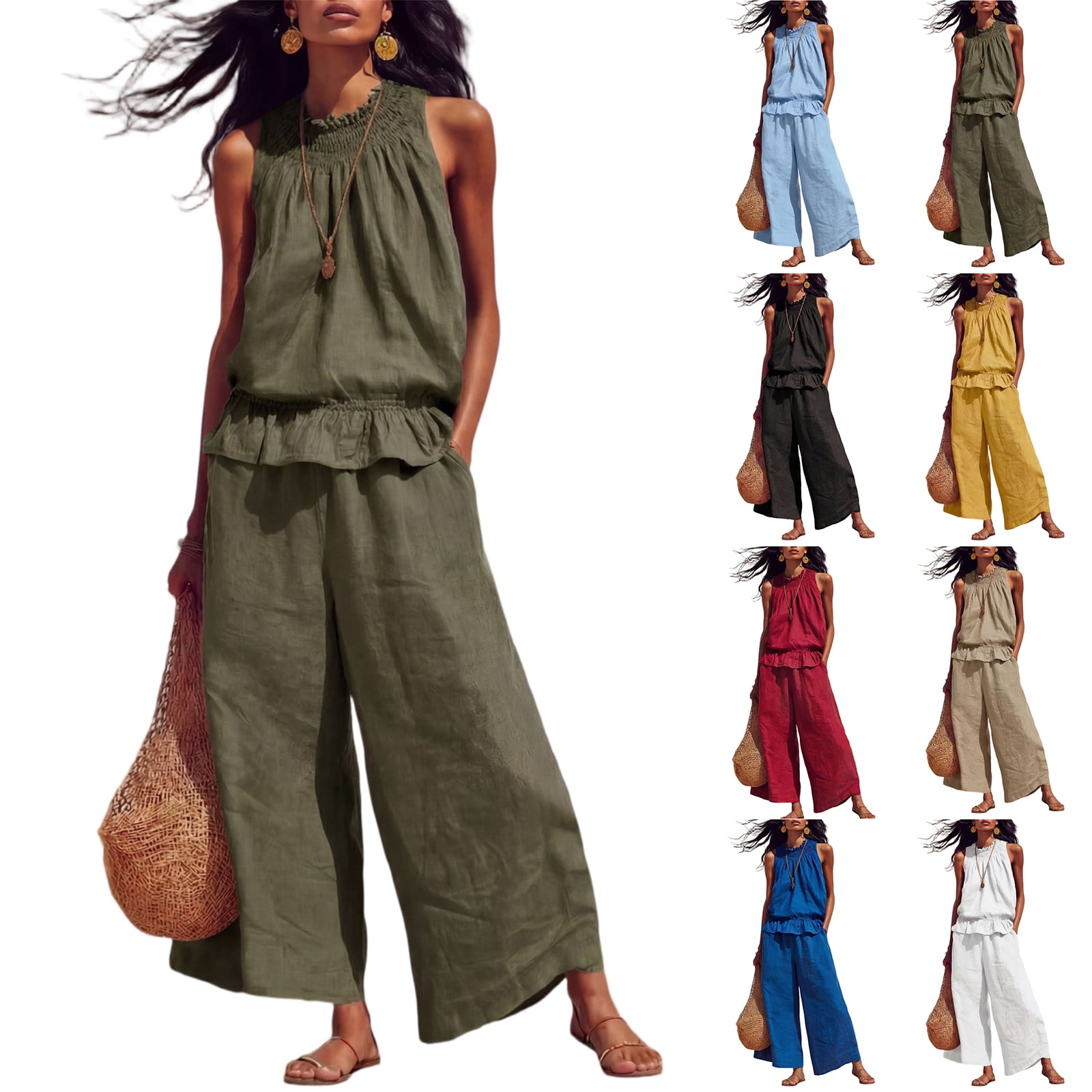 AzureSilk Summer Outfits For Women's Linen 2 Piece Outfits Sleeveless ...