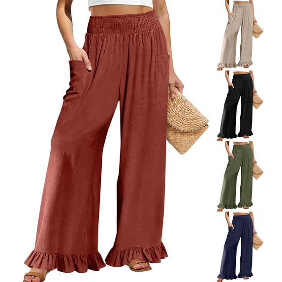 AzureSilk Summer Pants For Women Linen Wide Leg Pants Elastic High ...