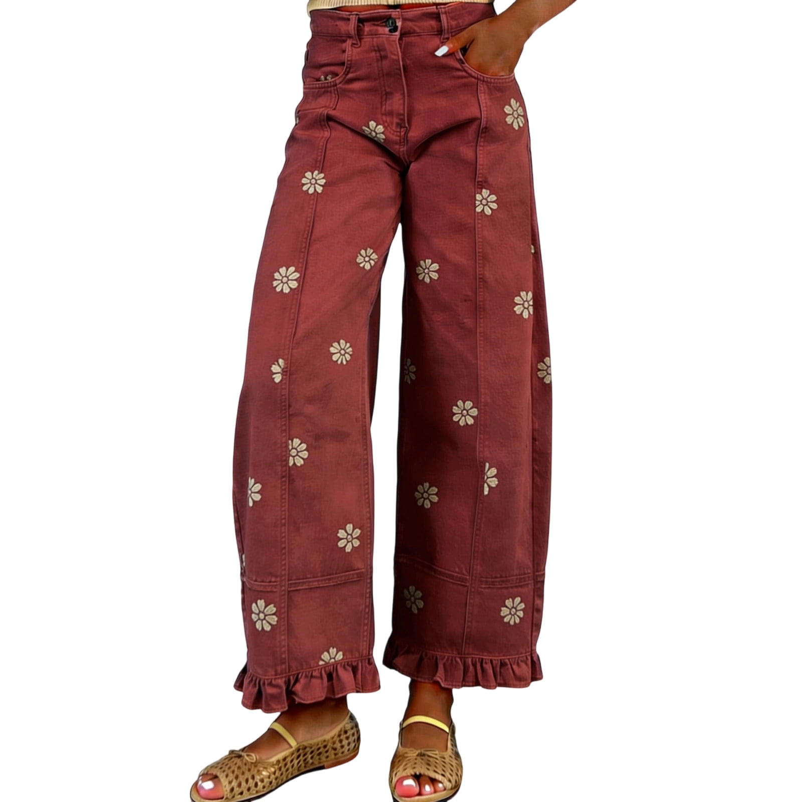 AzureSilk Women Floral Print Jeans Straight Leg Pants with Cuffed Hem ...