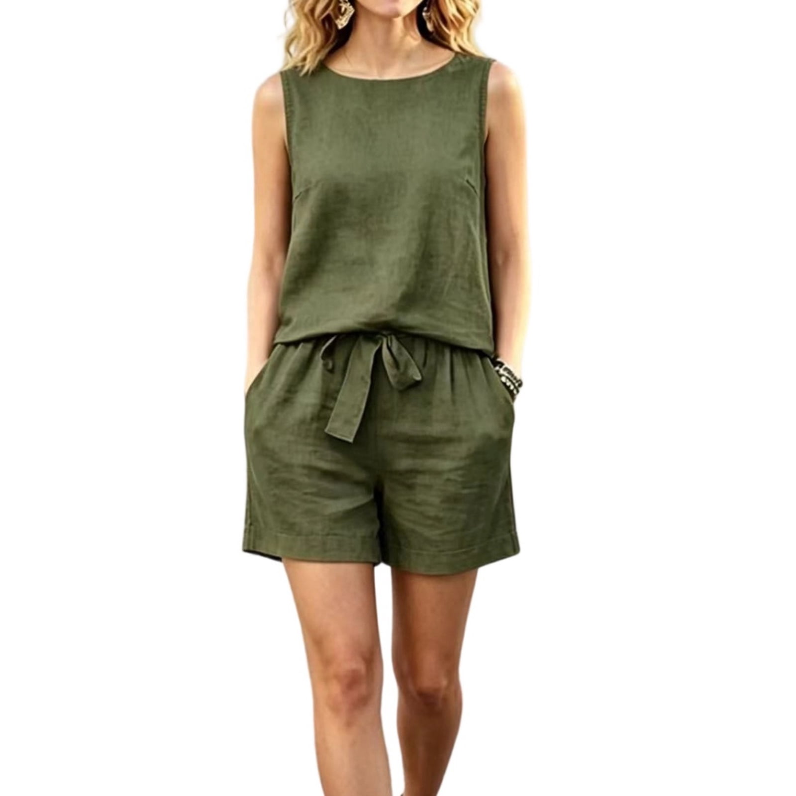 AzureSilk Women Linen Sleeveless Tank Top and Drawstring Shorts Two ...