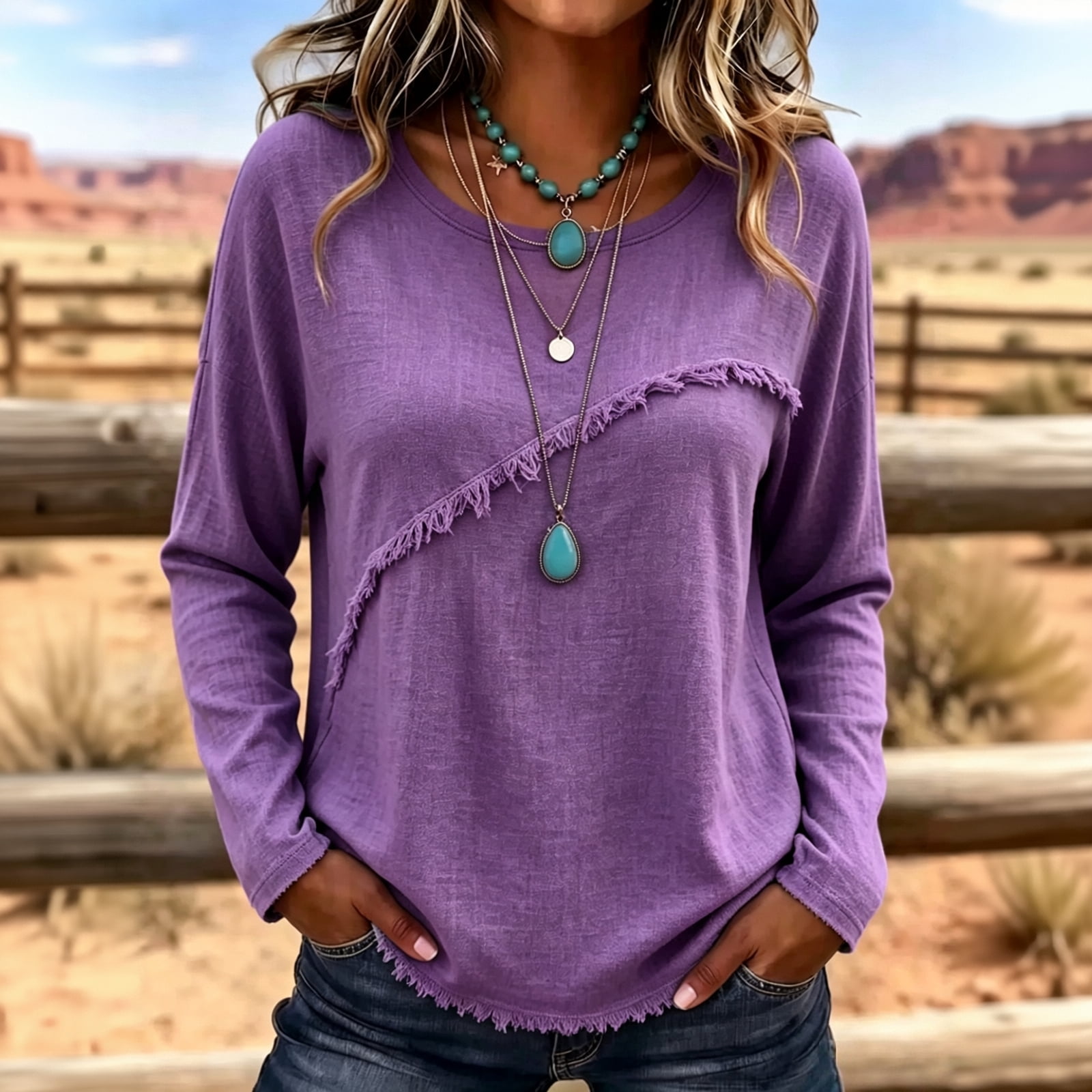 AzureSilk Women Long Sleeve Blouse Vintage Crew Neck Shirt Casual Loose ...