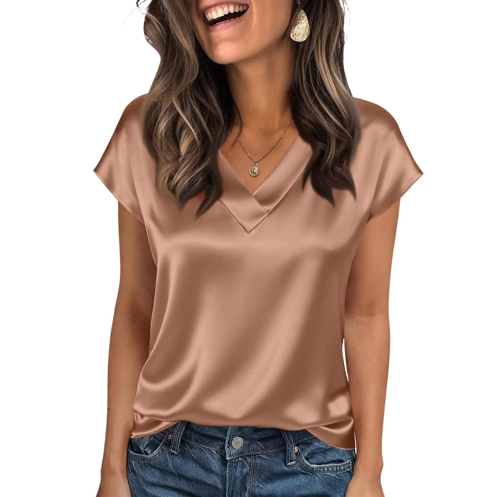 AzureSilk Women Silk Satin Tops Cap Short Sleeve Blouse V Neck Shirts ...
