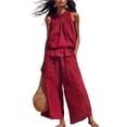 AzureSilk Women's Linen 2 Piece Outfits Sleeveless Ruffle Top Wide Leg ...
