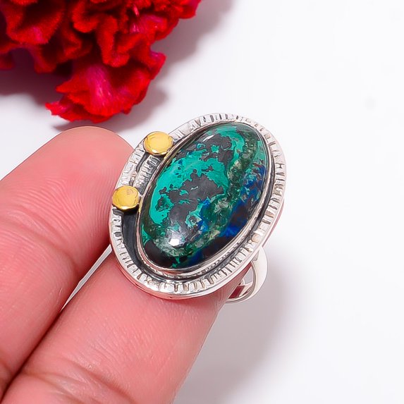 Azurite Malachite - Bisbee Mines Two Tone 925 Sterling Silver Ring S.8. ...
