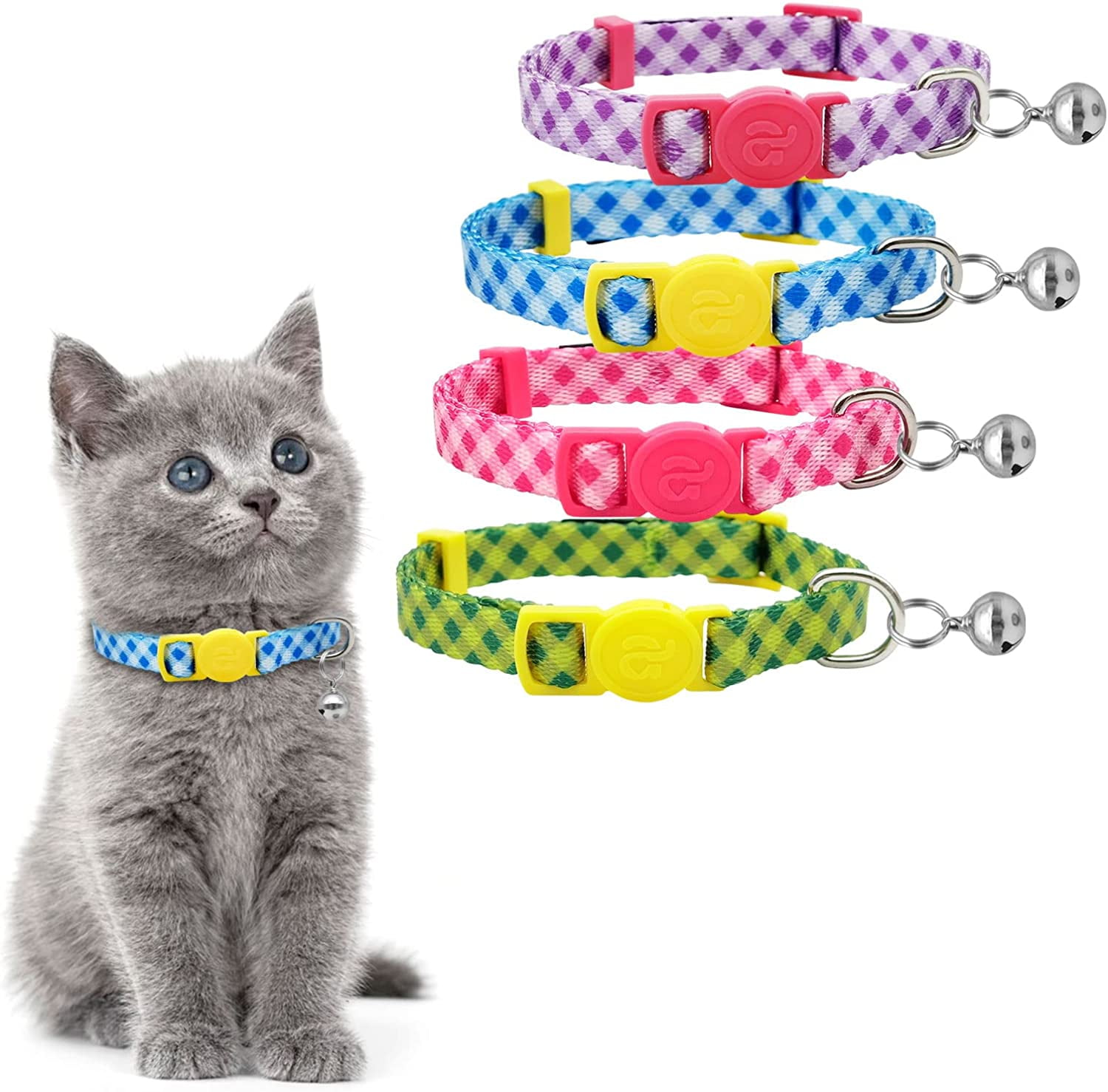 Azuza Breakaway Plaid Kitten Collar with Bell 4 Pack Quick Release Safe ...