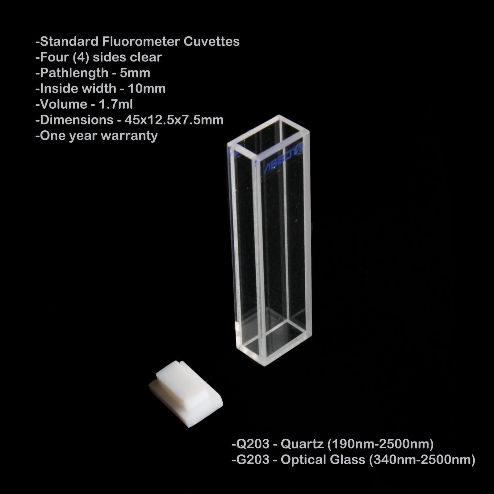 Azzota® 5mm Pathlength Optical Quartz Fluorometer Cuvette, 1.7ml ...