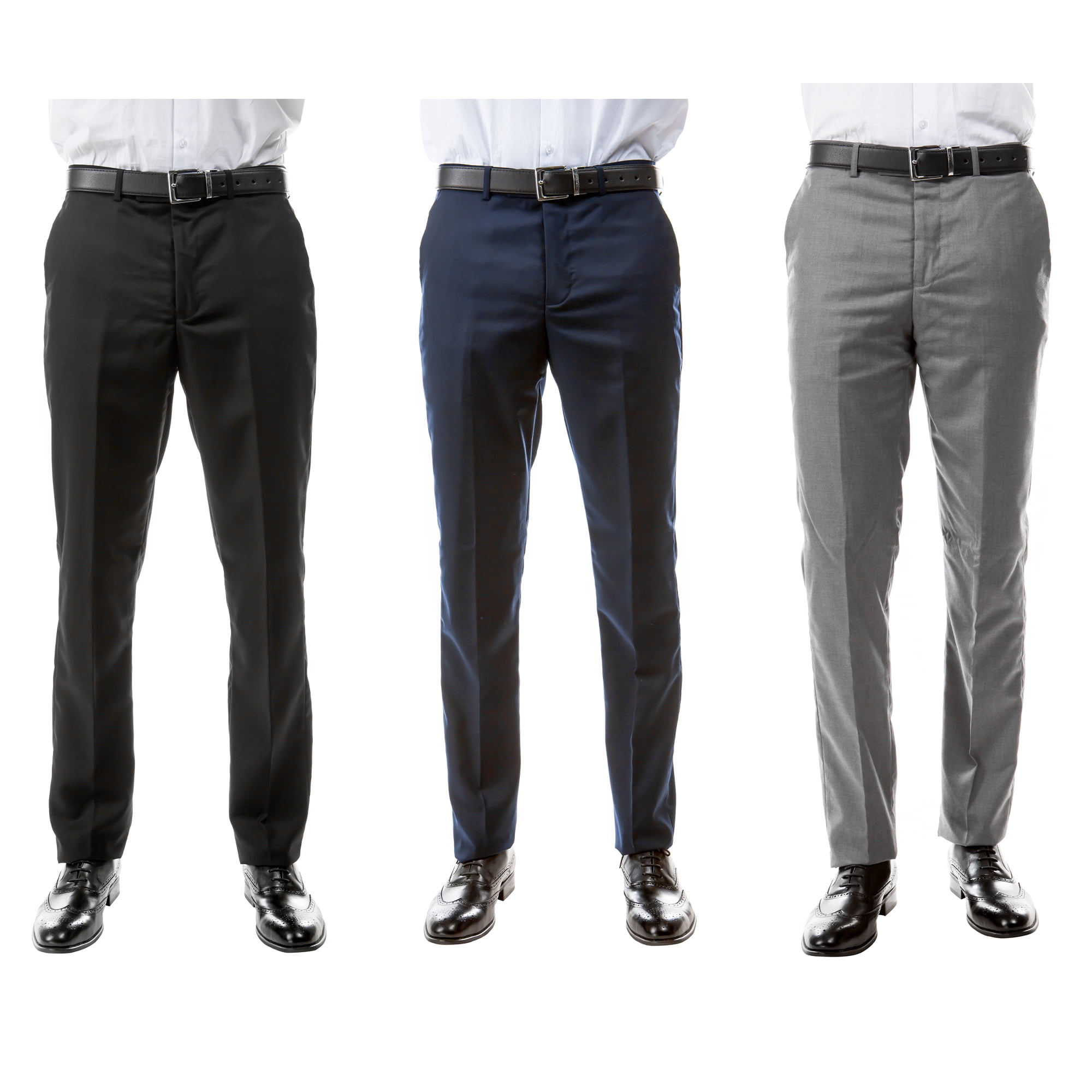 Azzuro Men's 3-Pack of Neutral Color Dress Pants: Black, Navy, Mid Grey ...