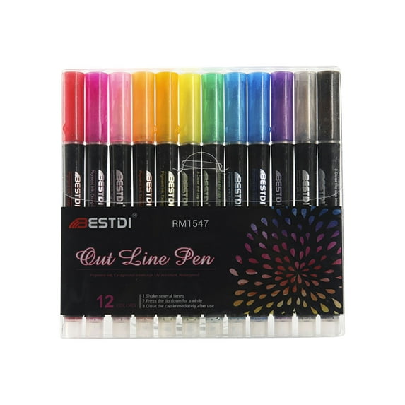 B 12 Color Double Line Outline Marker Set For Highlighting Drawing ...