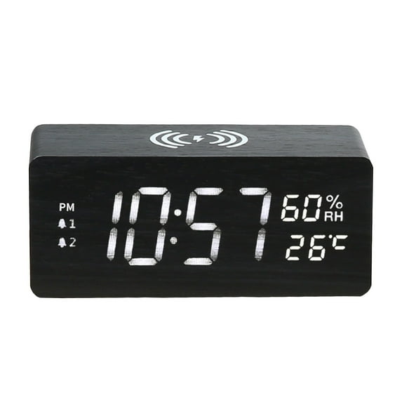B 15W Wireless Charging Clock With Temperature Humidity Display Wooden ...