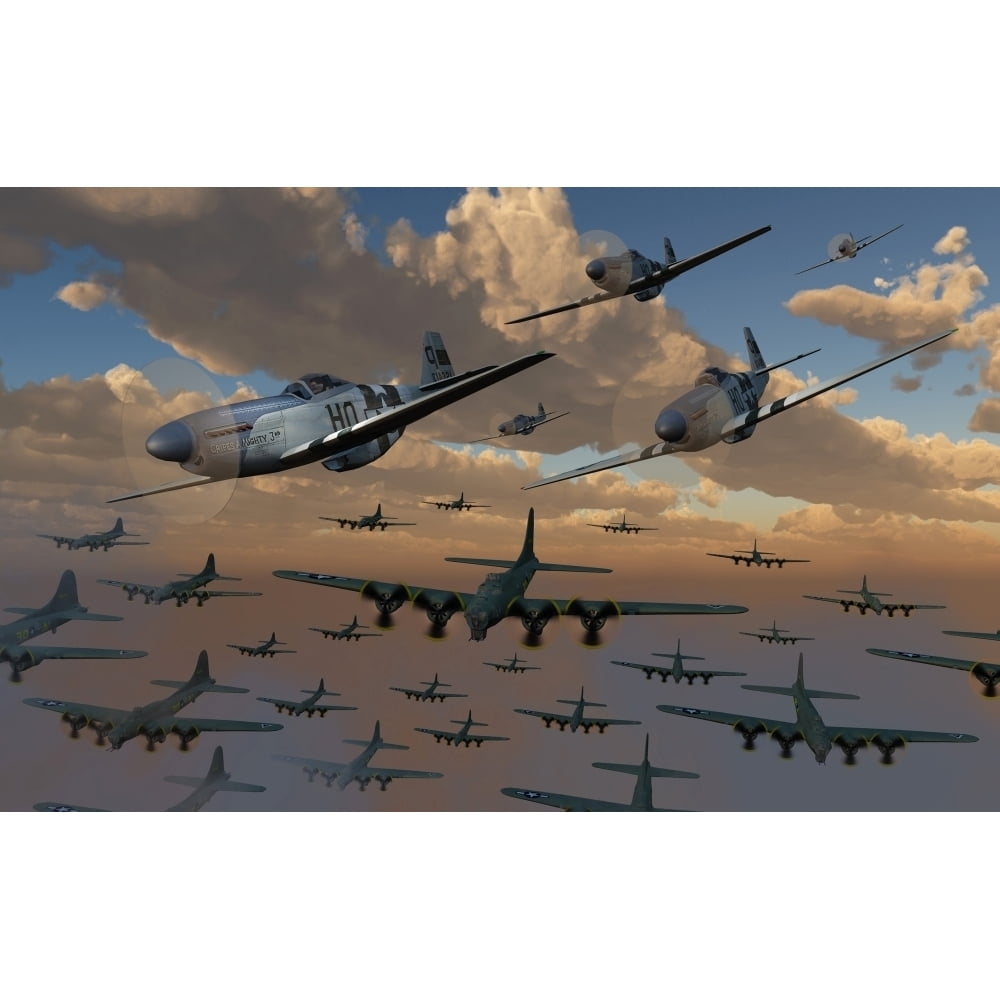 B-17 Flying Fortress bombers and P-51 Mustangs in flight Poster Print ...