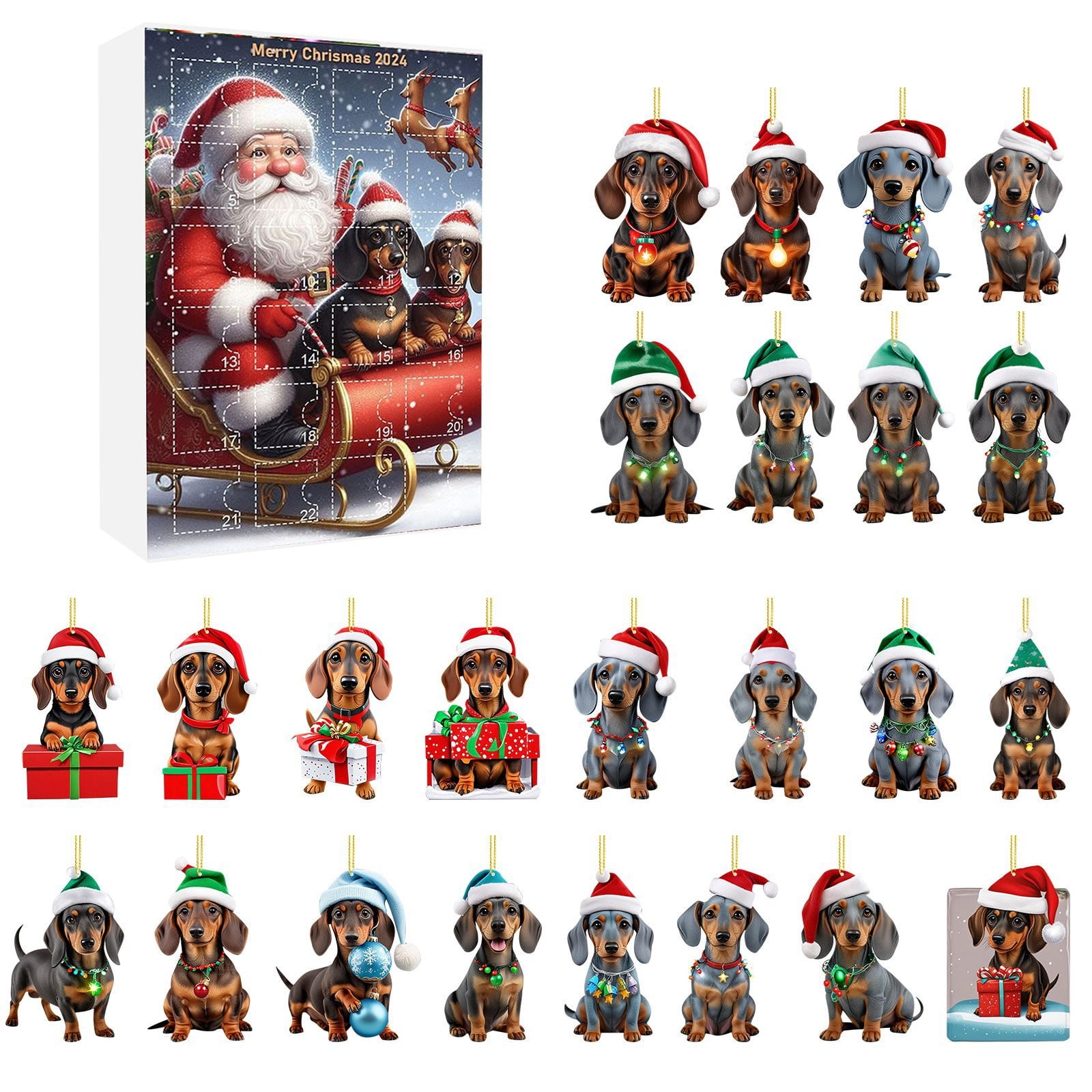 B 24-Pack Sausage Dog Christmas Ornaments For Tree Countdown Calendar ...