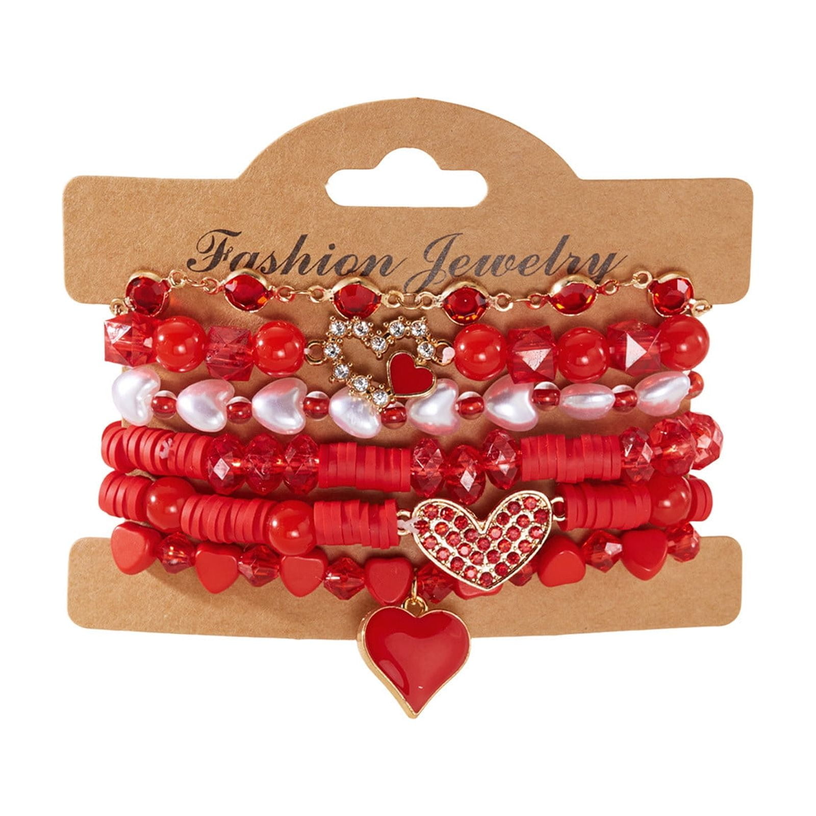 B 5 Piece Heart Bracelet Set For Women Polymer Clay Beaded Heart Red ...
