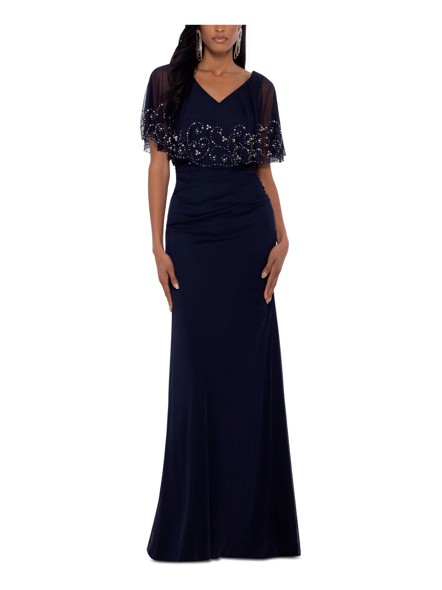 B&A BY BETSY & ADAM Women's Navy Ruched Short Sleeve V Neck Gown Dress ...