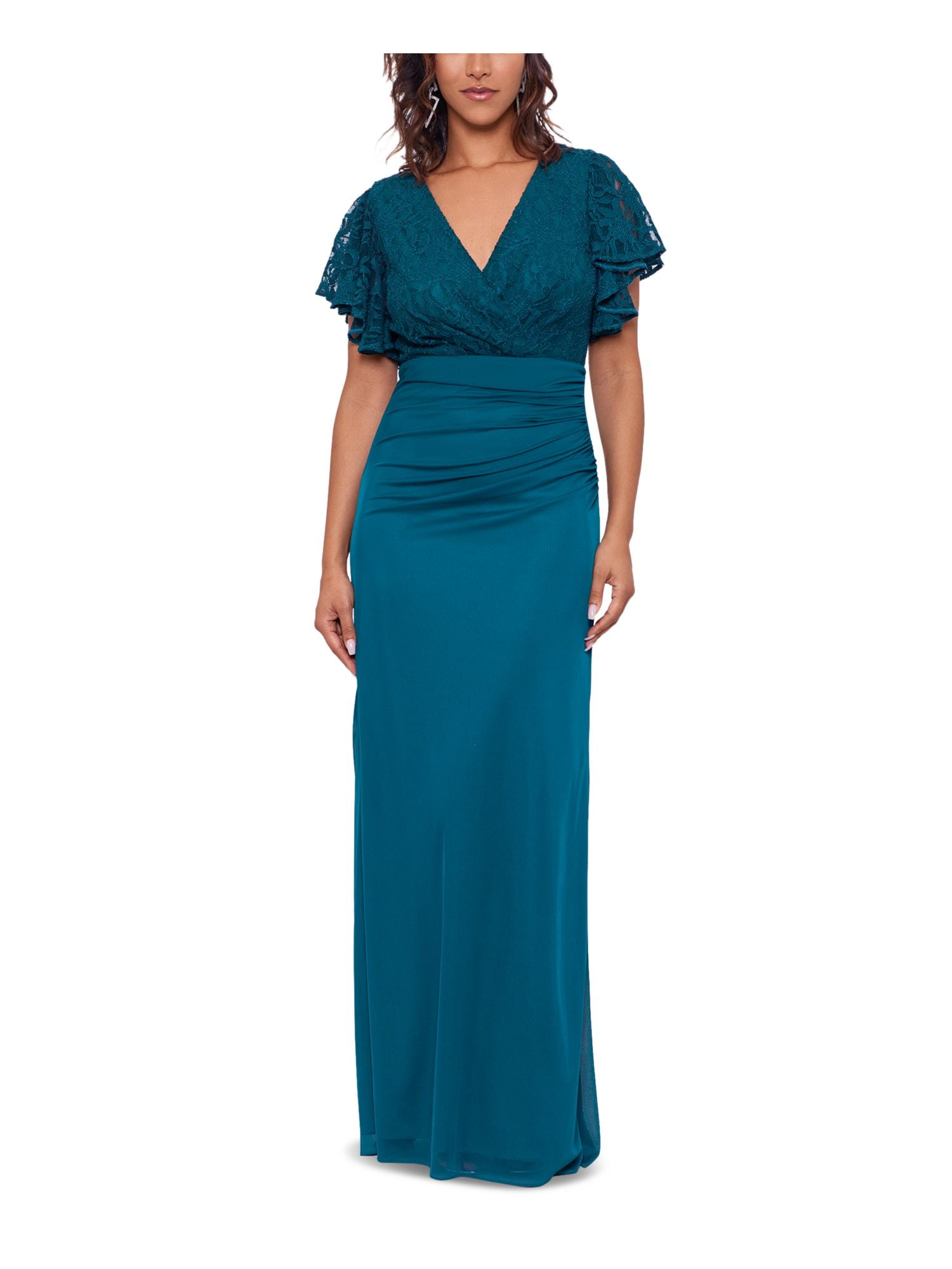 Banda By Betsy And Adam Womens Teal Zippered Lined Ruched Sheer Ruffled
