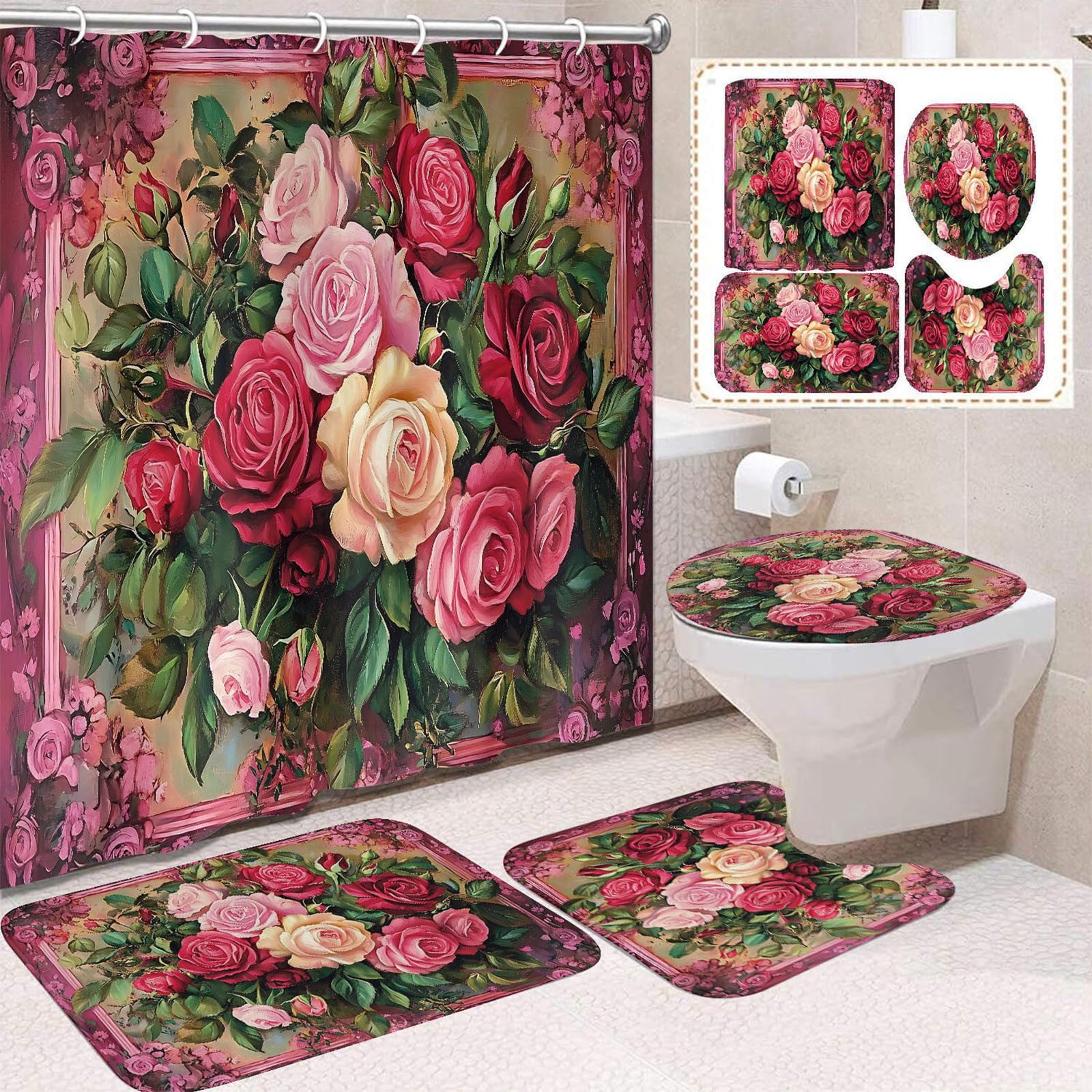 B Bathroom Set 4Pcs Shower Curtain With Bow Bath Mat Toilet Lid Cover U ...