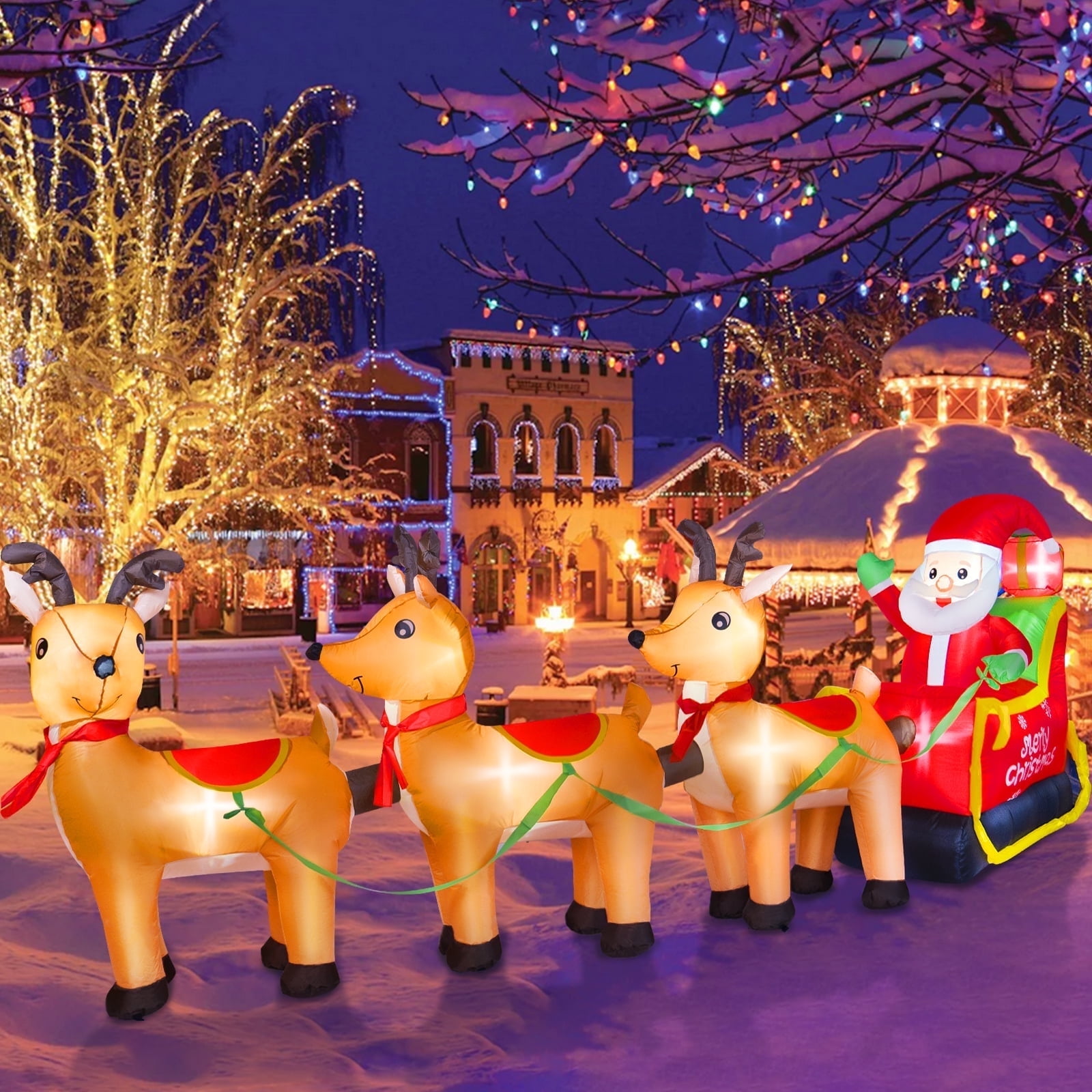 B&D 12 ft Inflatable Christmas Lighted Santa Claus Driving Reindeer ...