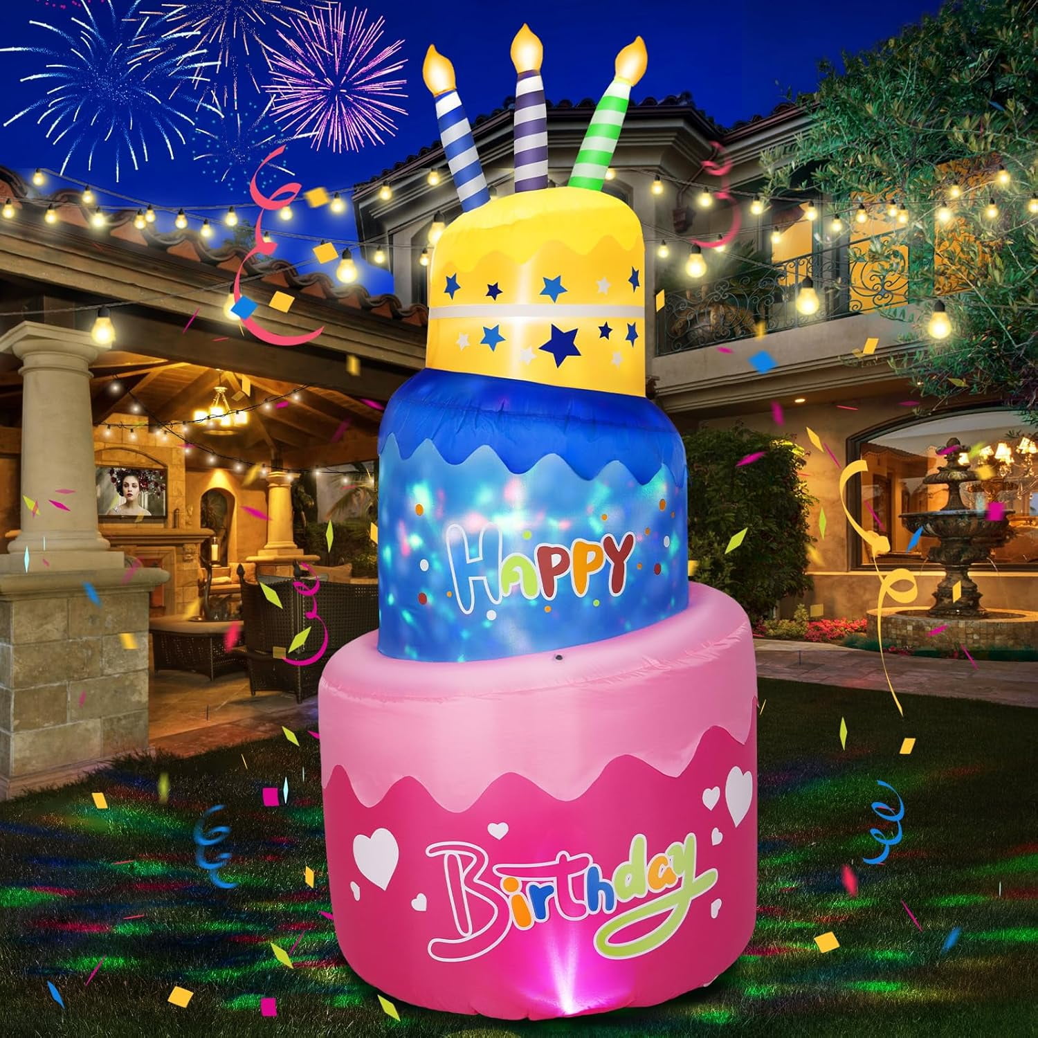 B&D 6FT Happy Birthday Inflatable Cake with Candles, Lighted Blow Up ...