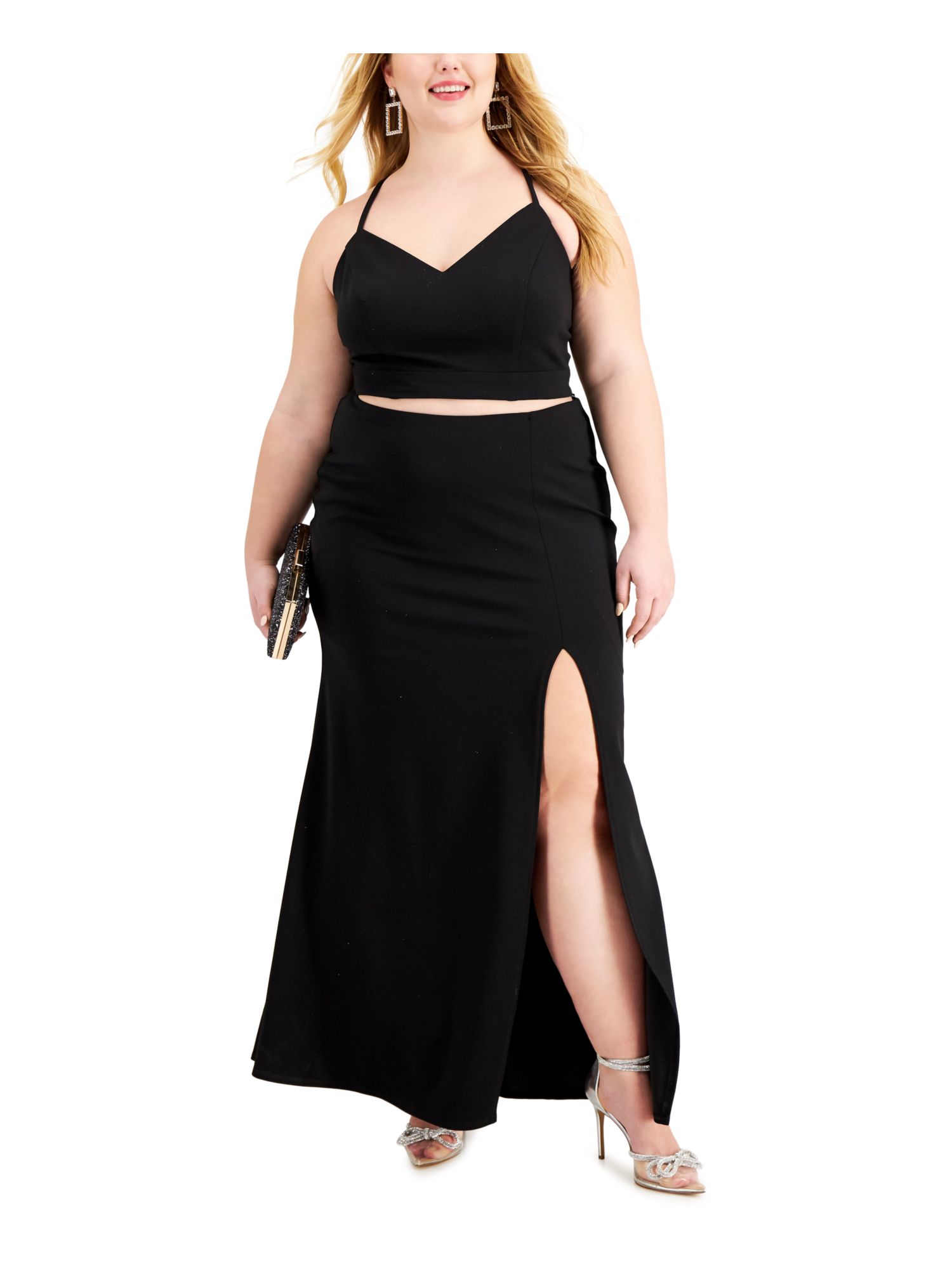 B DARLIN Womens Black Stretch Slitted Scuba Crepe Spaghetti Strap V ...