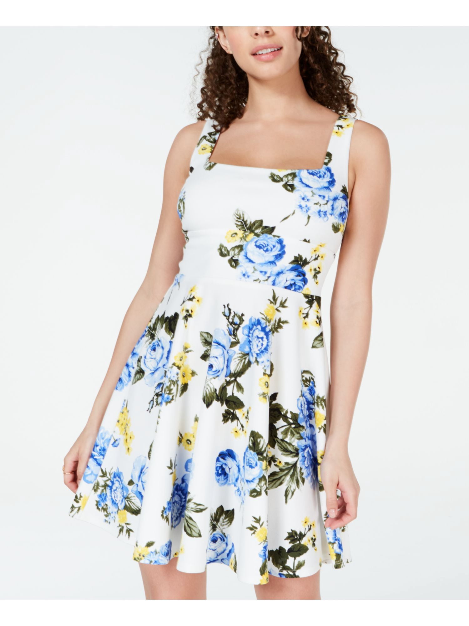B DARLIN Womens Ivory Floral Sleeveless Square Neck Mini Fit + Flare ...