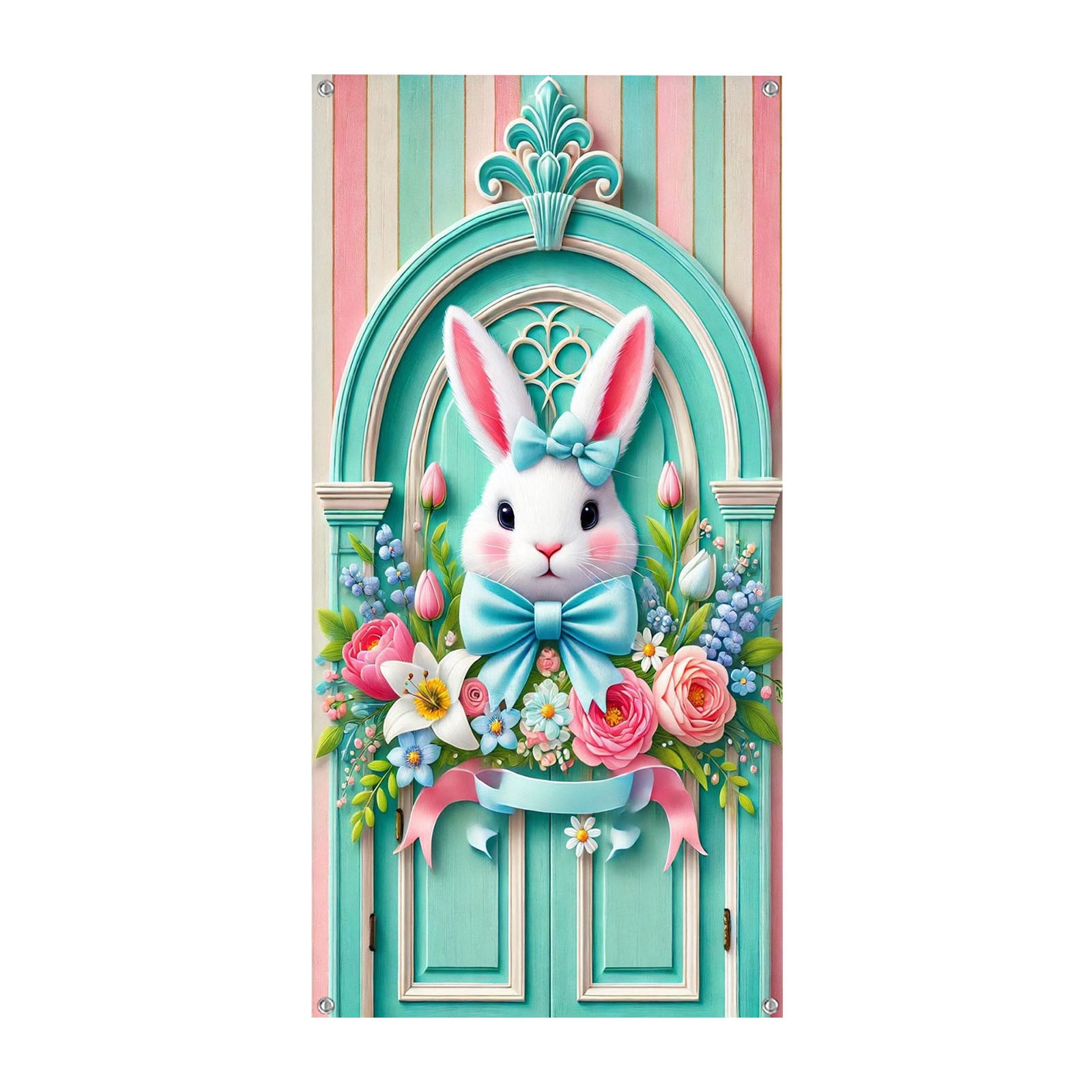 B Easter Fabric Door Banner Bunny With Flower Wreath 35.43X70.87 Inches ...