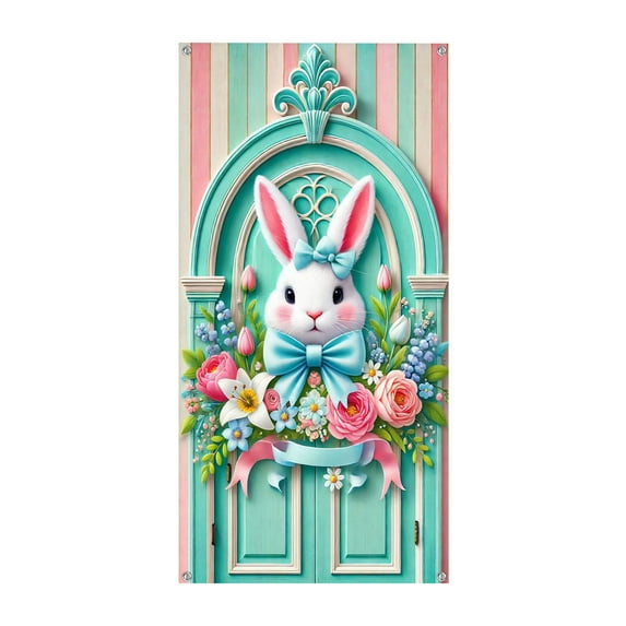 B Easter Fabric Door Banner Bunny With Flower Wreath 35.43X70.87 Inches ...
