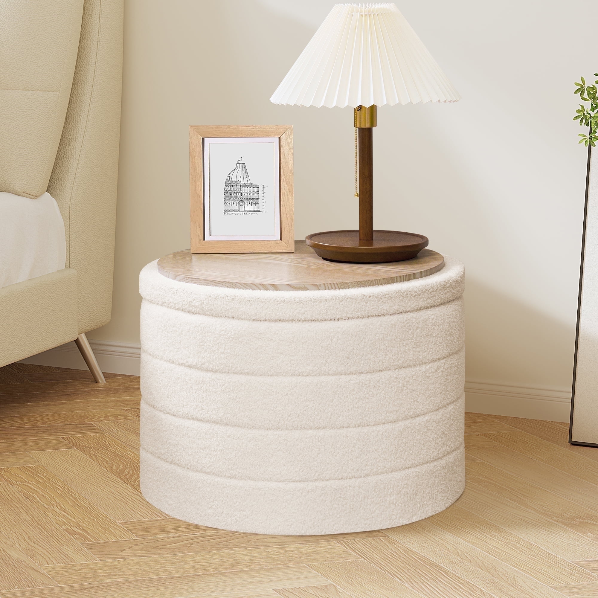 B FSOBEIIALEO Round Storage Ottoman, White, Versatile Tray, Extra Space ...