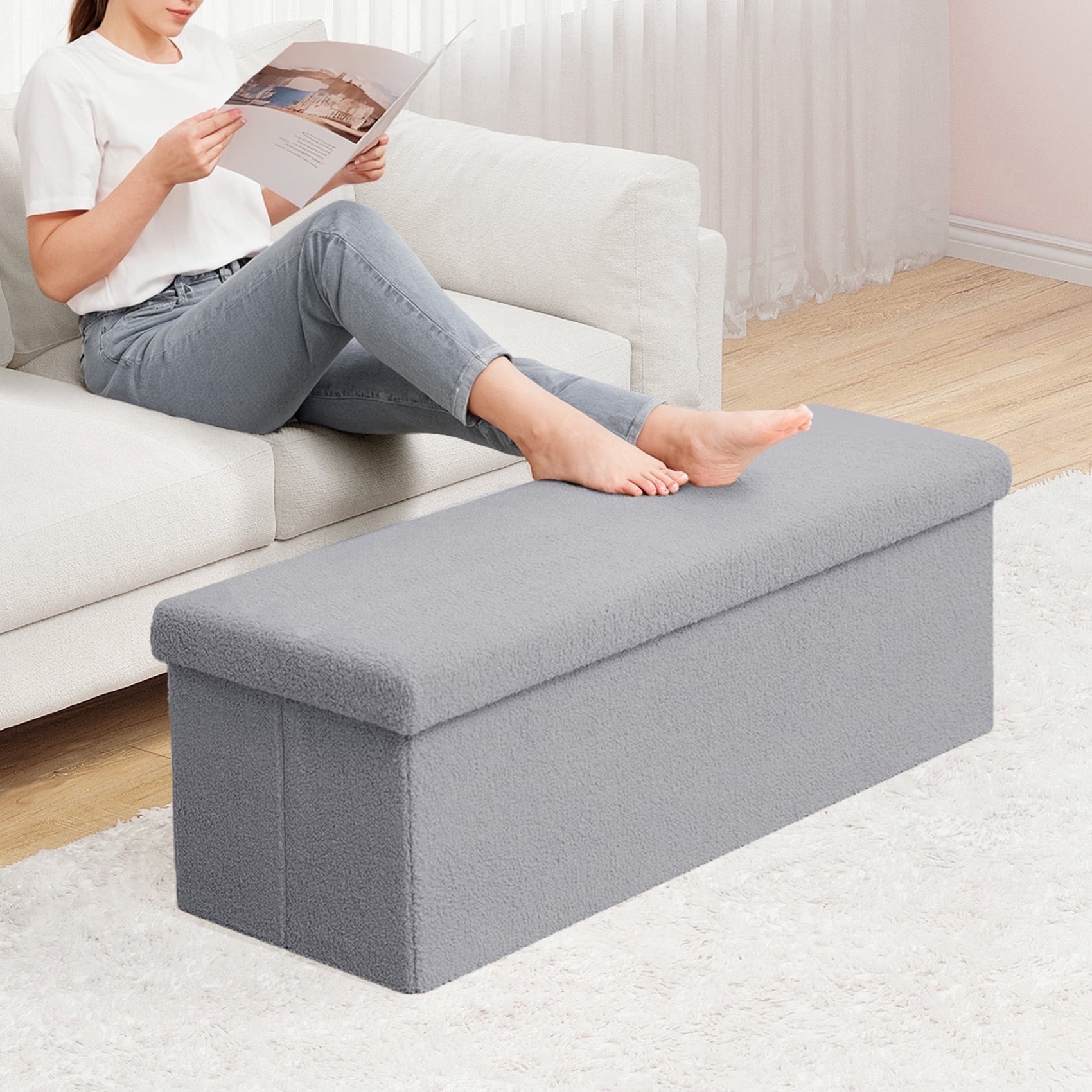 B FSOBEIIALEO 43" Storage Ottoman Cube Sherpa Ottomans Foot Rest Boucle ...